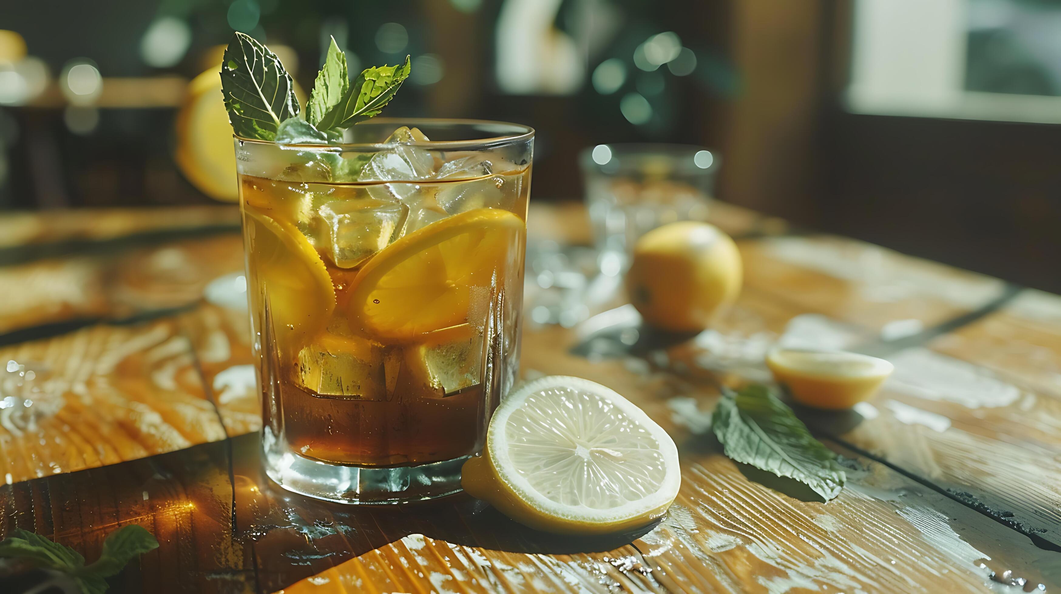 AI generated Refreshing Iced Tea Lemon Slices and Mint Leaves Captured with Soft Natural Light ...