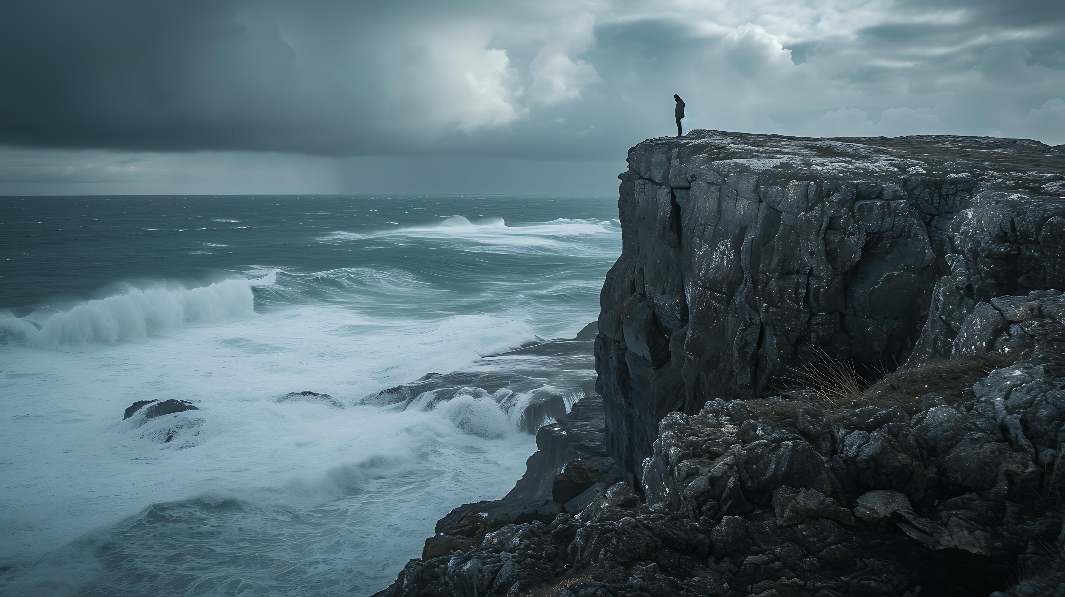 AI generated Tranquil Solitude Figure on Rocky Cliff Amidst Untamed Sea Bathed in Vibrant Sunset ...