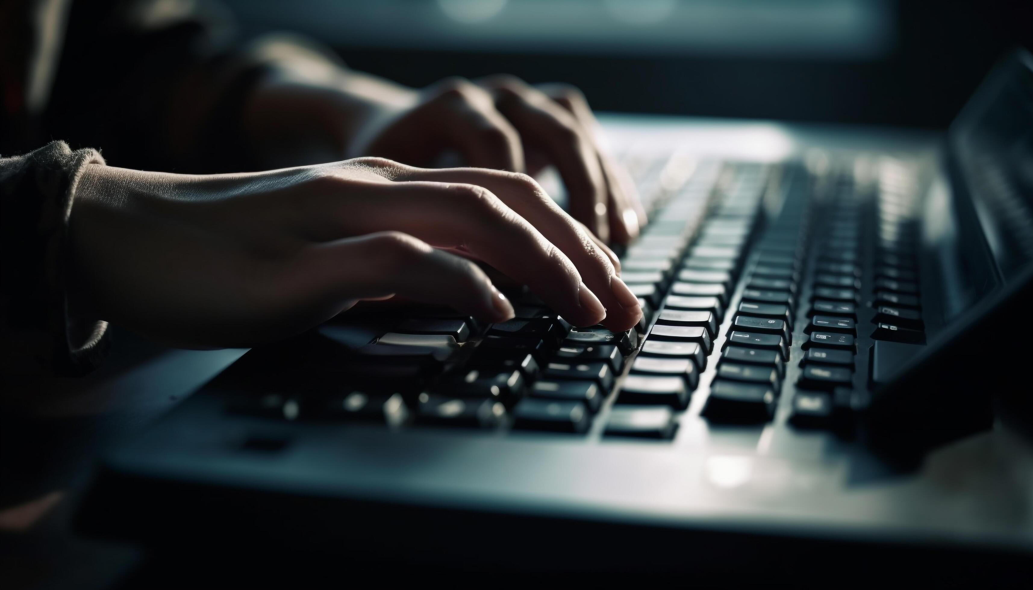 AI generated A programmer typing on a computer keyboard in a dark office generated by AI ...