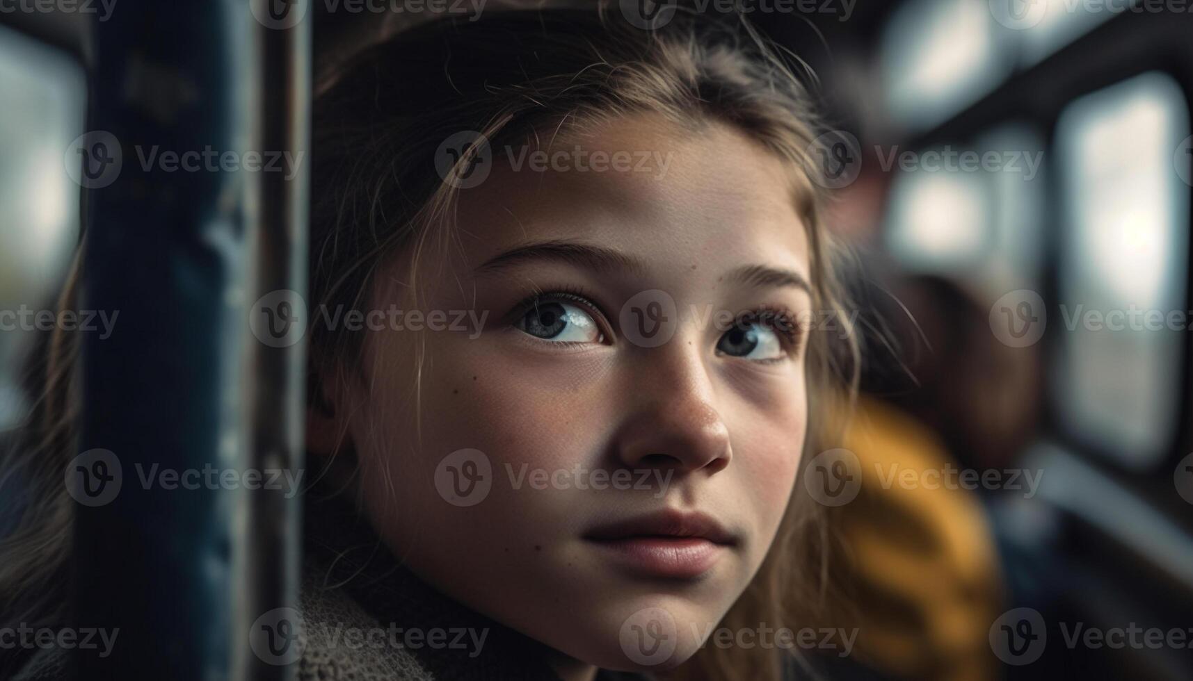 Ai Generated Cute Girl Smiling Looking Through Window Reflecting On Happiness Generated By Ai