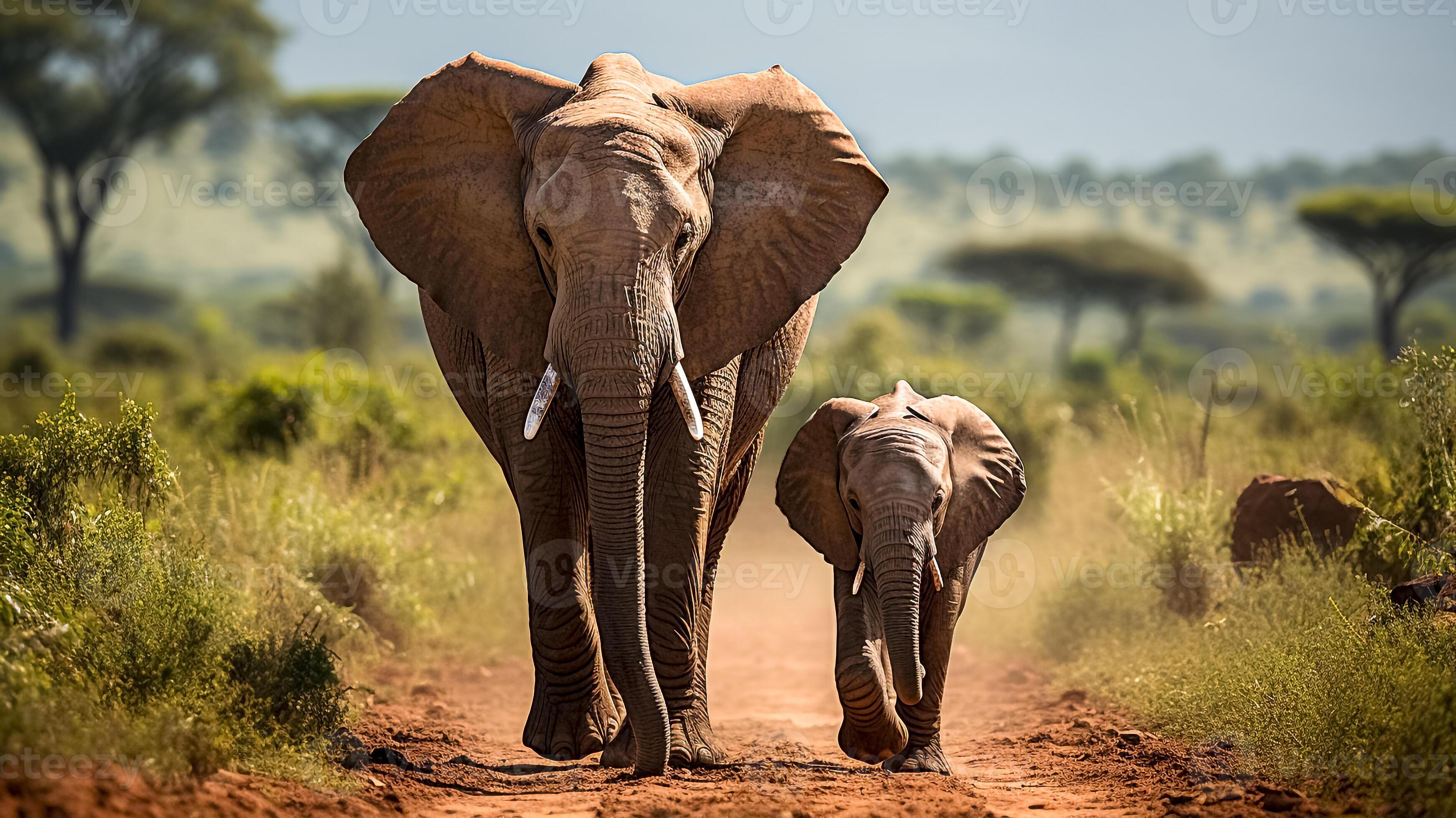 AI generated A Cuddly Baby Elephant with Mother. Savannah Stroll. A ...