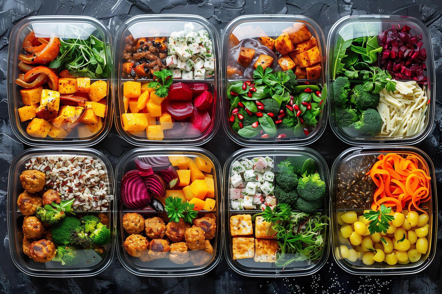 AI generated Variety of healthy meal prep containers on table. Generative AI. Variety of Healthy ...