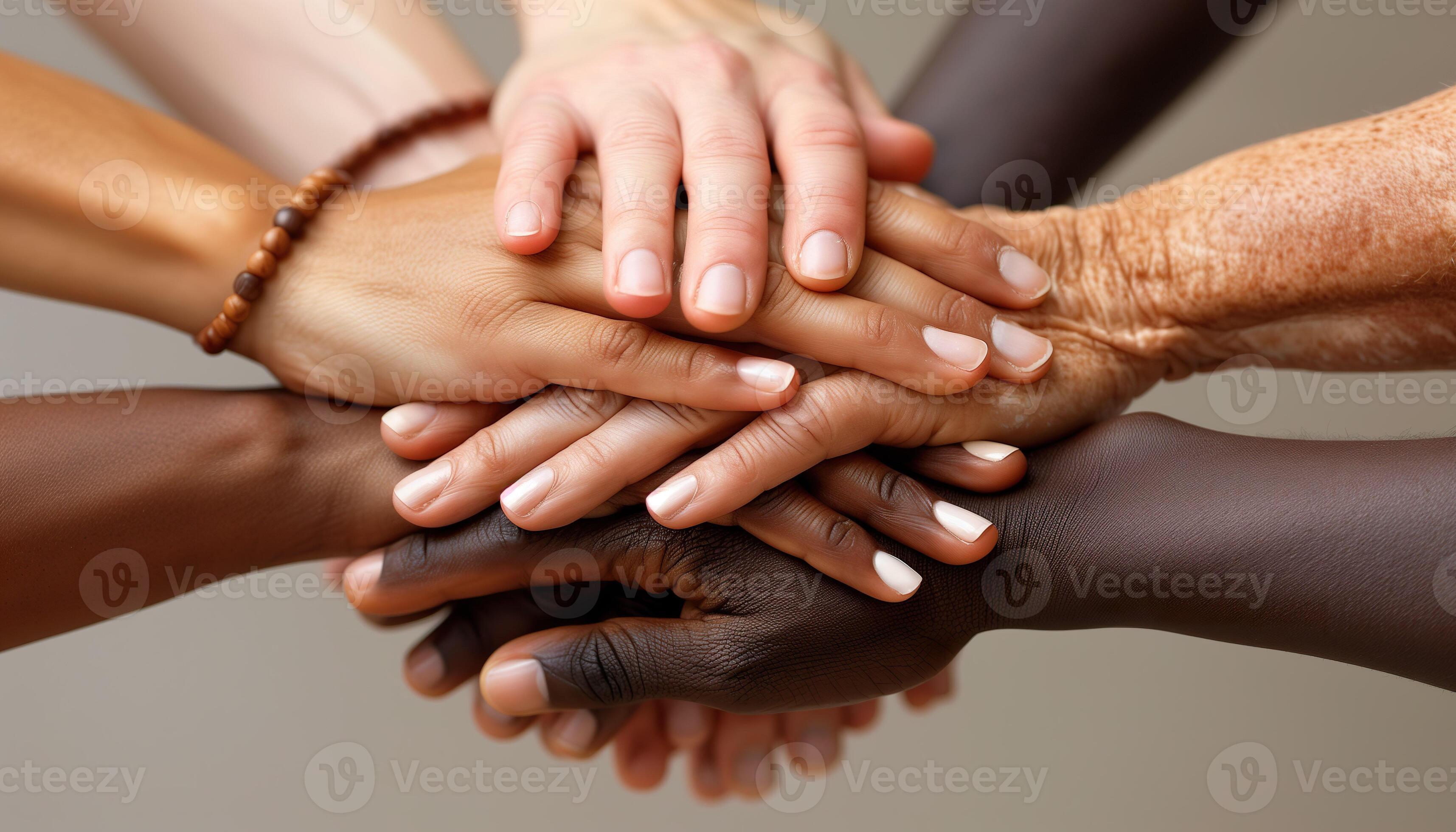 AI generated A pile of diverse hands on top of each other, symbolizing unity, strength, and the ...