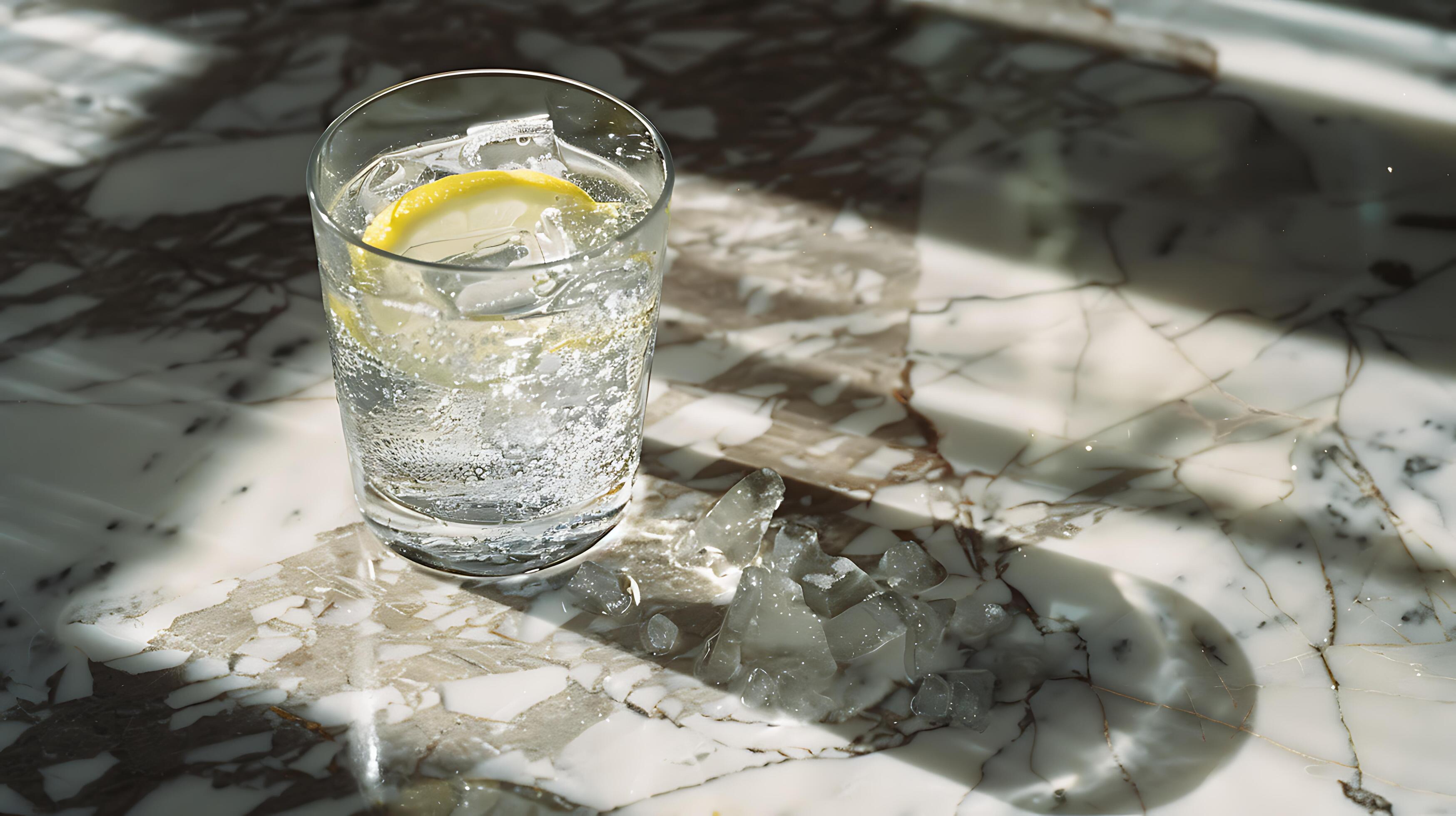 AI generated Refreshing Sparkling Water with Lemon on Rustic Table Surrounded by Greenery ...