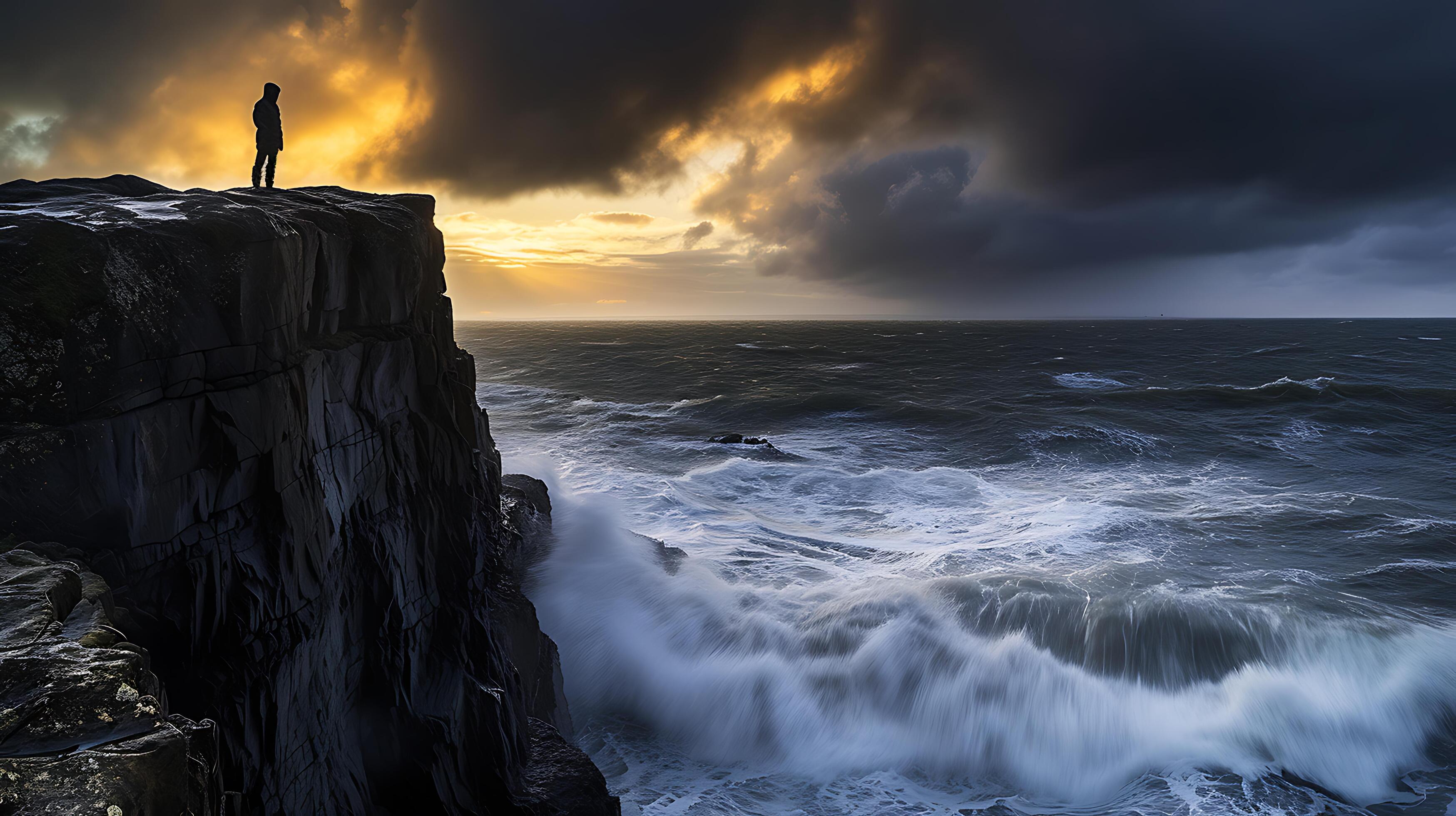 AI generated Resilient Figure Embraces Stormy Cliff Overcomes with Inner Strength and Hope ...