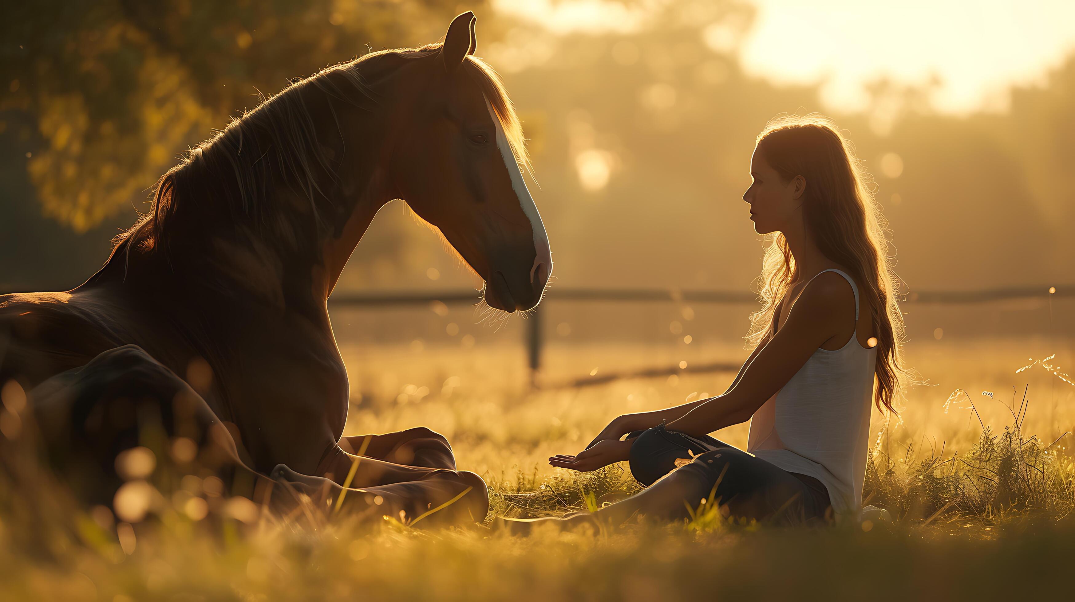 AI generated Intimate Bond Young Woman and Horse Embrace in Golden ...