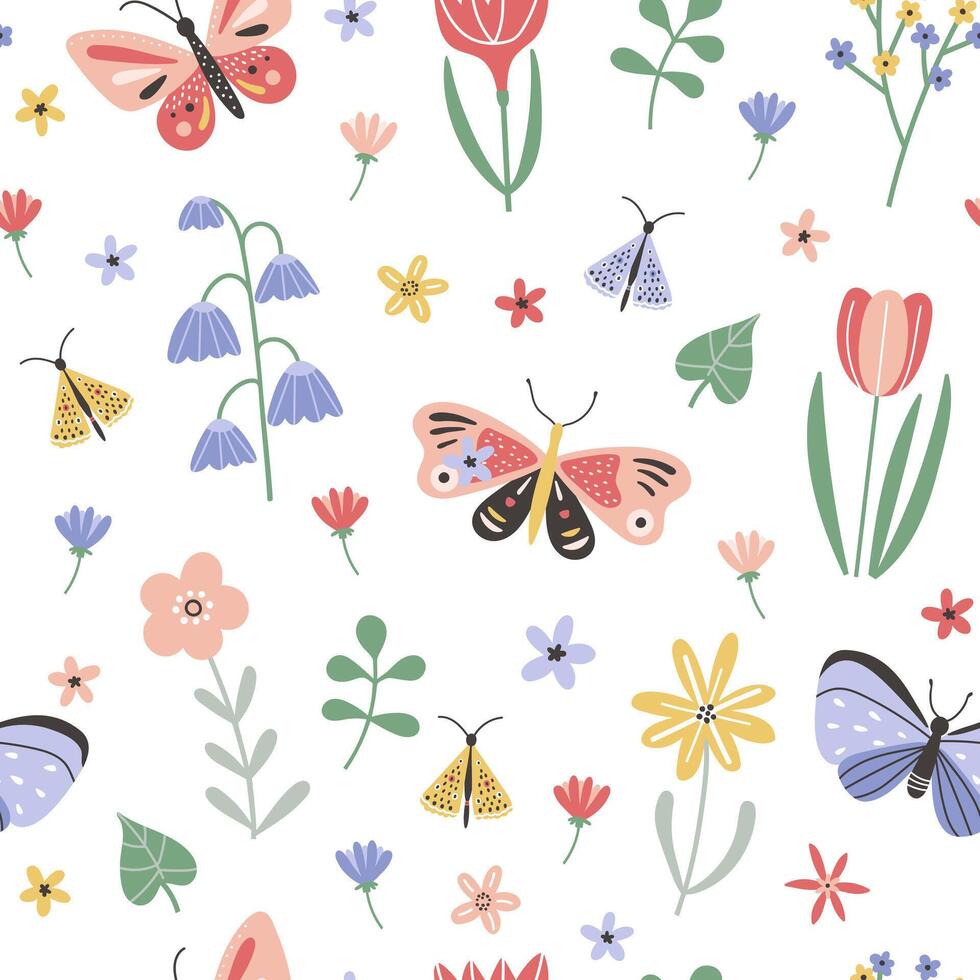 Seamless pattern with butterflies and different flowers in childish ...