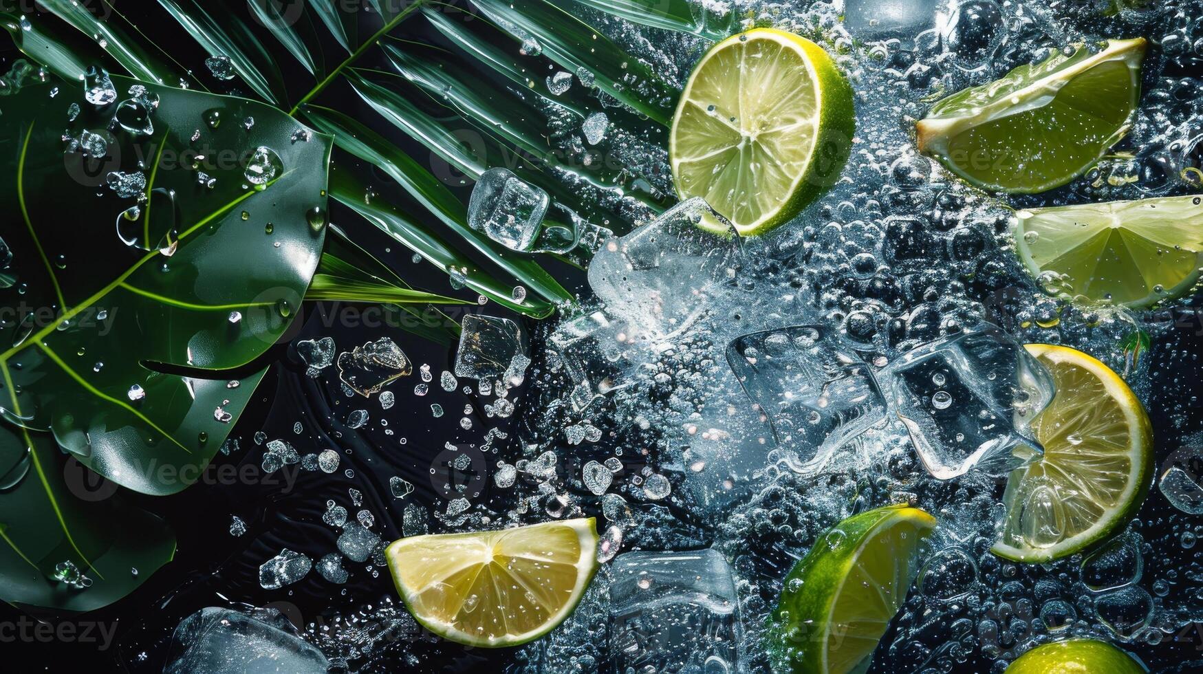 AI generated Fresh lime slices, ice cubes and monstera leaves on black background 40815296 Stock ...