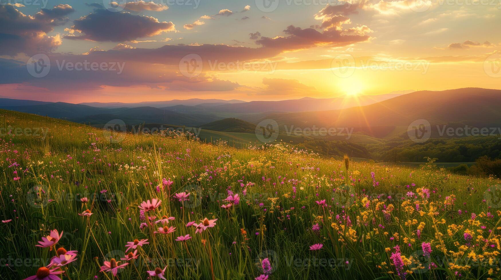 AI generated Meadow with wildflowers at sunset. Spring landscape ...