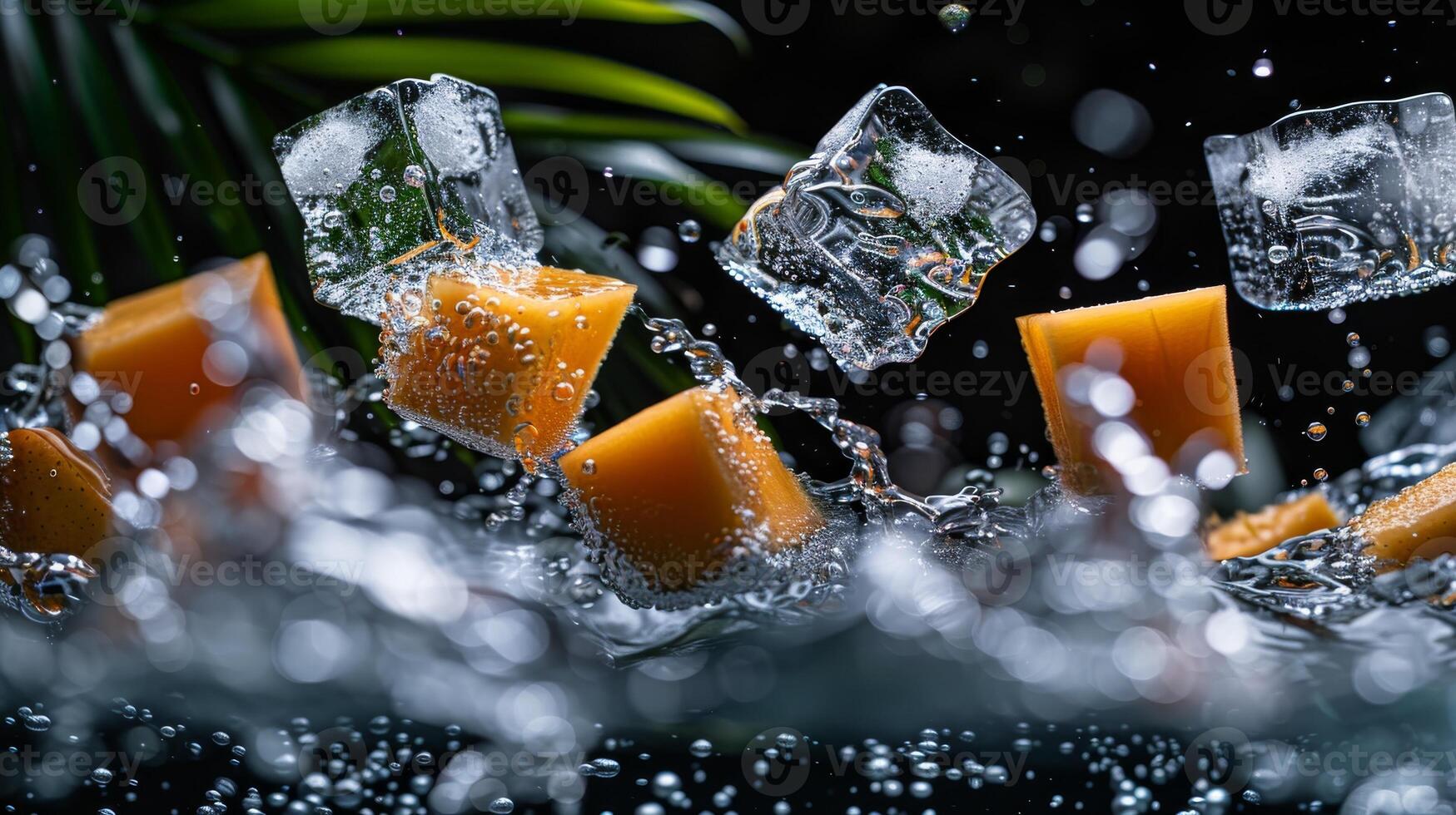 AI generated Falling ice cubes with orange slices and water splash on black background 40824412 ...