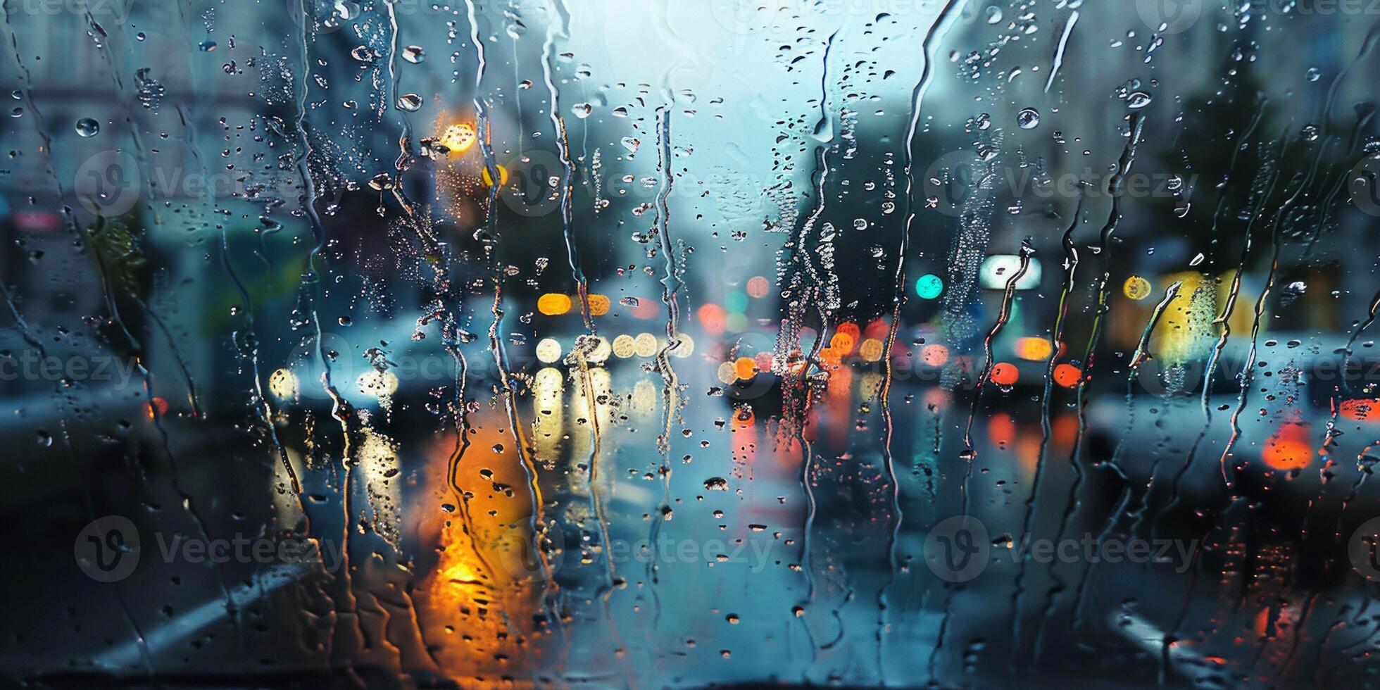AI generated Rain drops on the car windshield. Blurred traffic in the ...