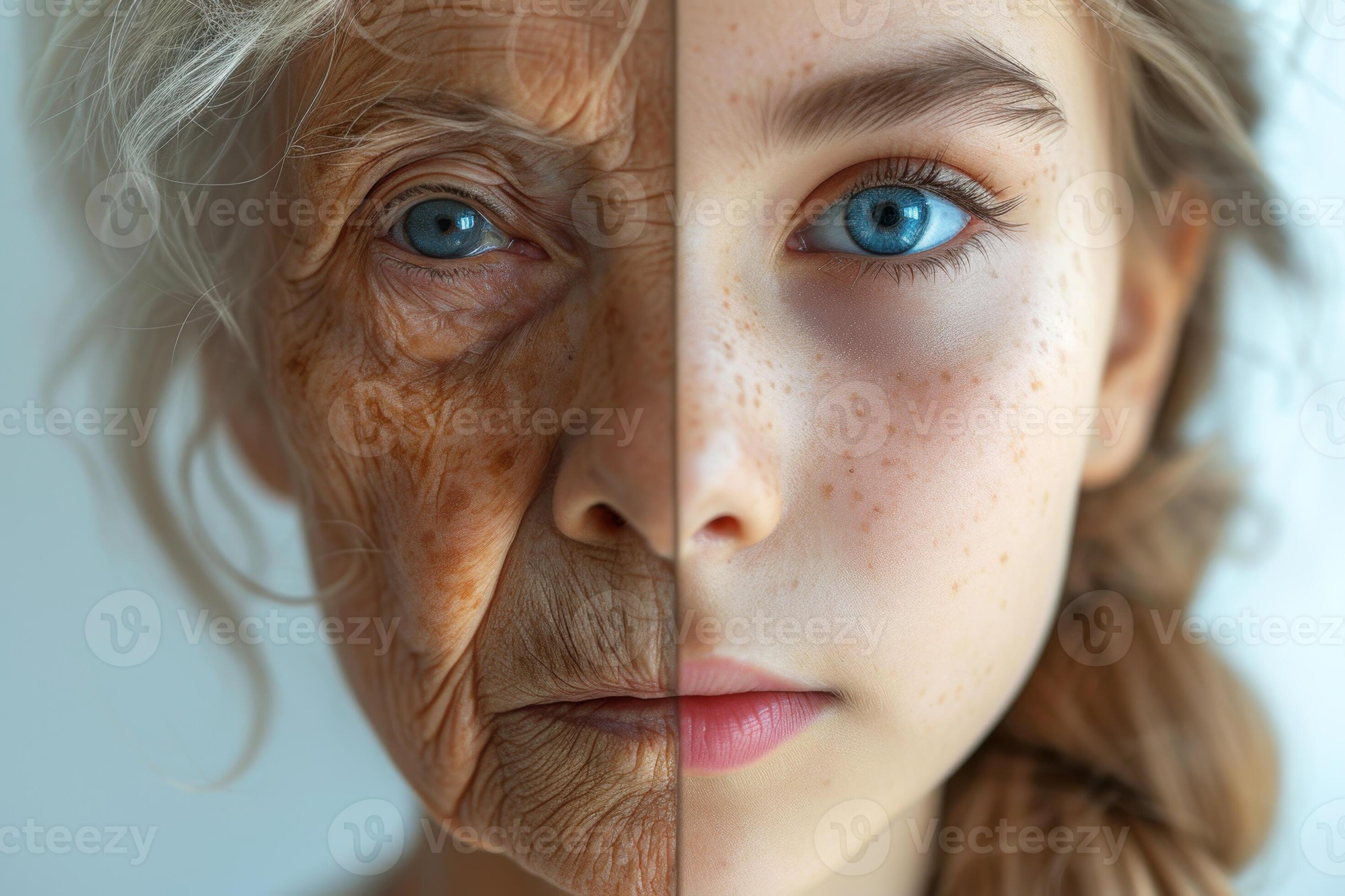 AI generated The face of a young girl and an elderly woman with wrinkles. The concept of aging ...