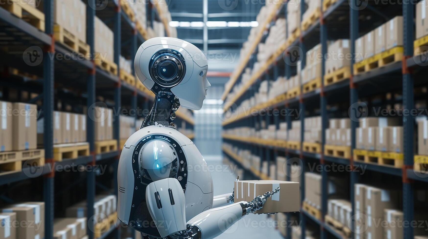 AI generated A humanoid robot works in a warehouse. Robotic system working in warehouses ...