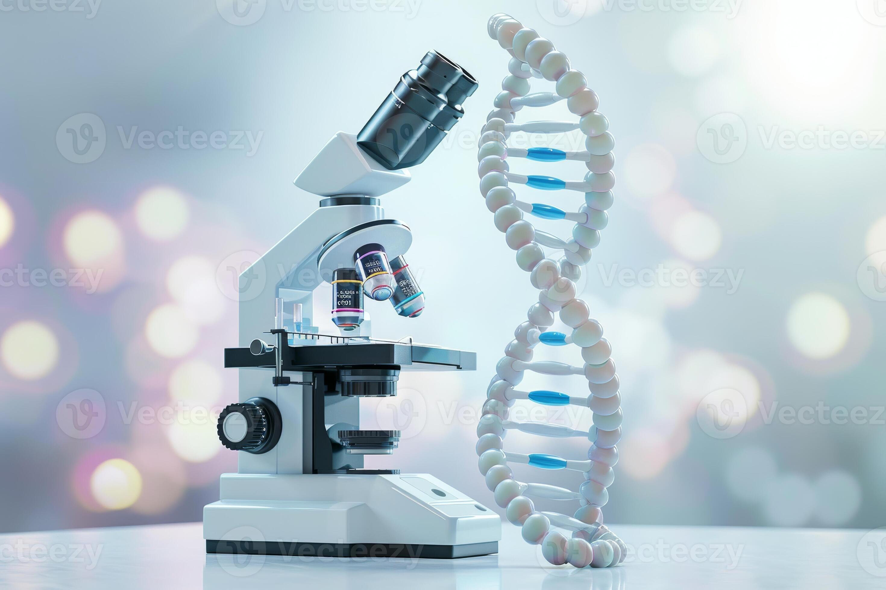 AI generated Microscope and DNA Strand in the concept of genetics or scientific research ...