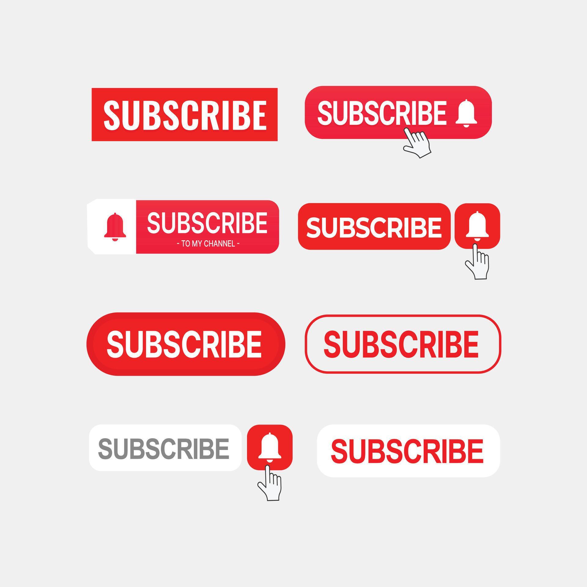 Set of big collection Subscribe button with hand click icon. Subscribe, bell button and hand ...