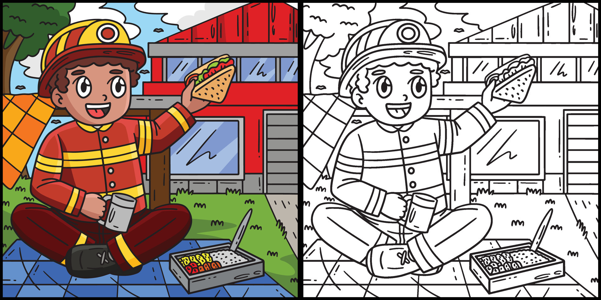 Firefighter Eating Lunch Coloring Illustration 40867679 Vector Art at ...