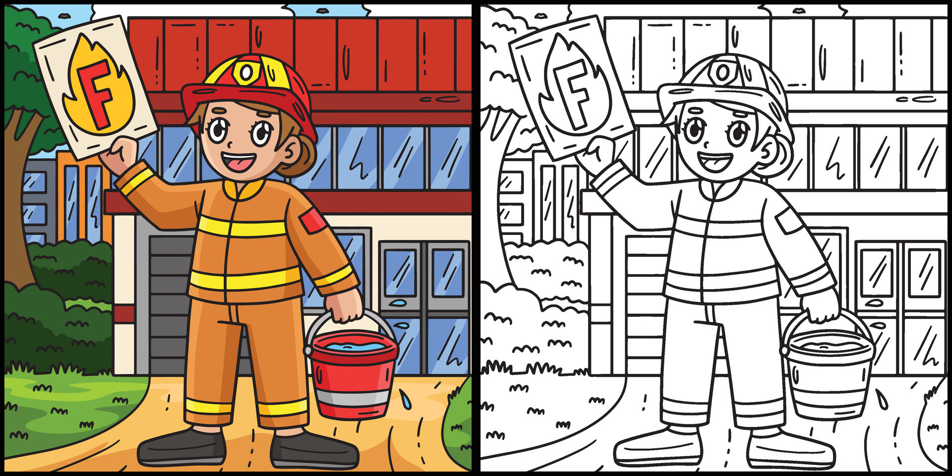 Firefighter with Letter F Coloring Illustration 40867713 Vector Art at ...