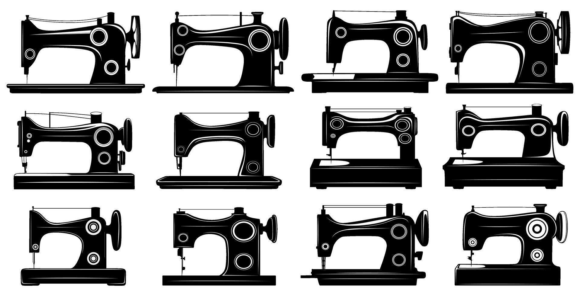 Set Vector Manual Sewing Machine Icon Tailor Silhouette Logo Design