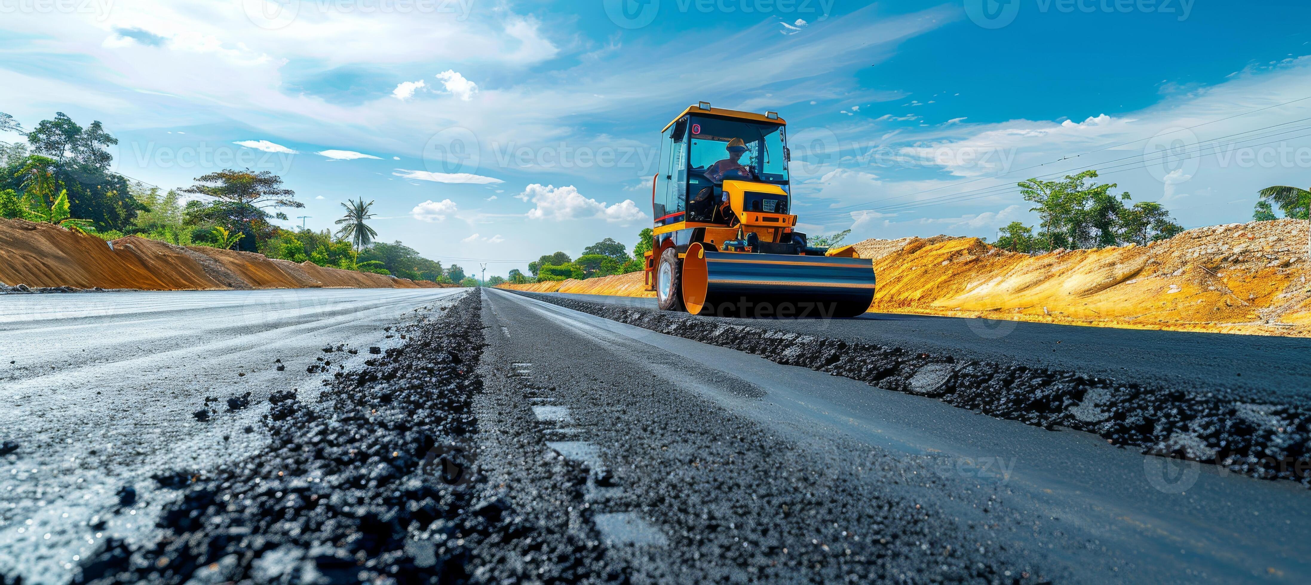AI generated Yellow road roller compacting fresh asphalt on newly constructed road for enhanced ...