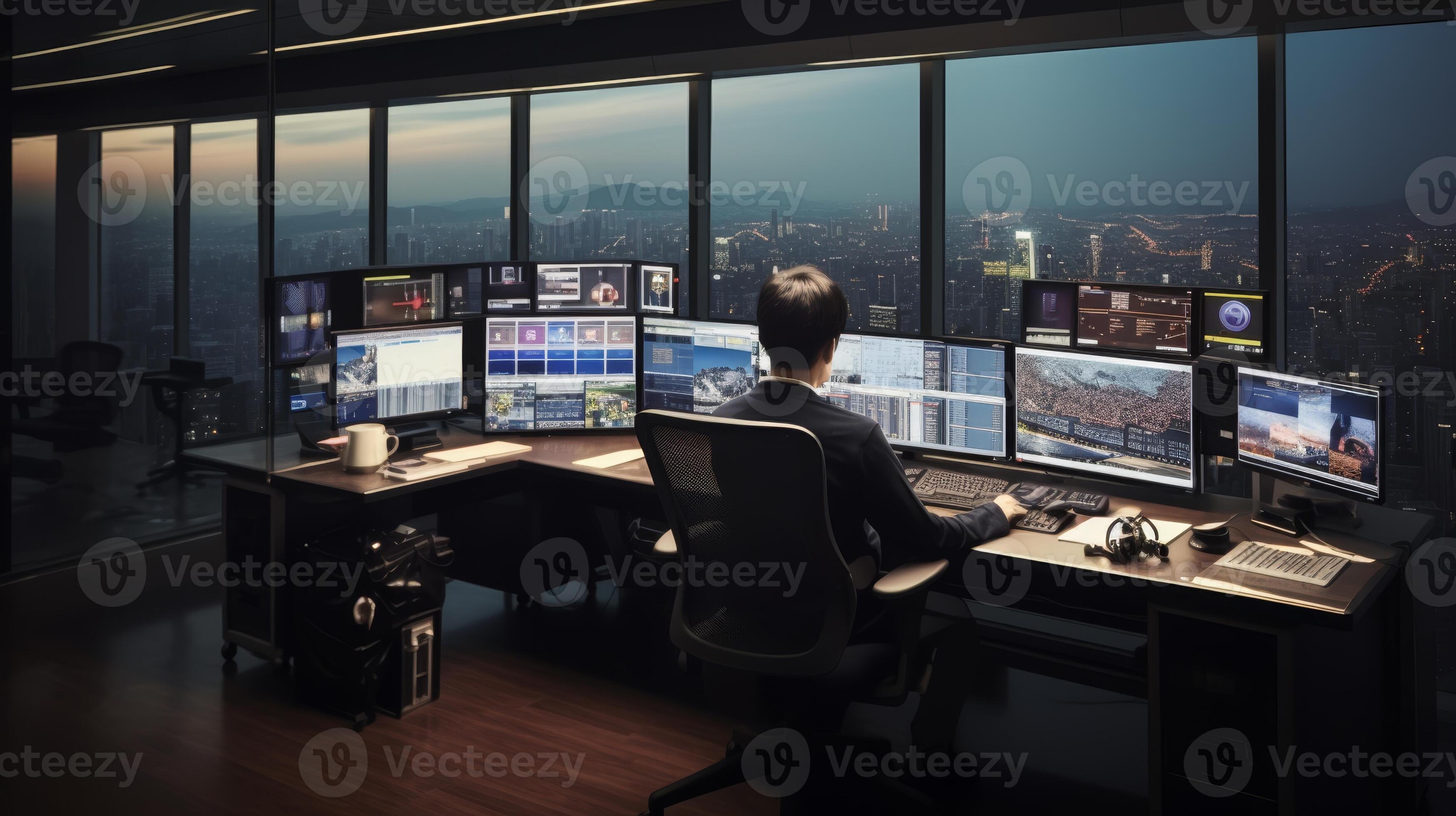 AI generated Security guards monitoring traffic in control room with ...