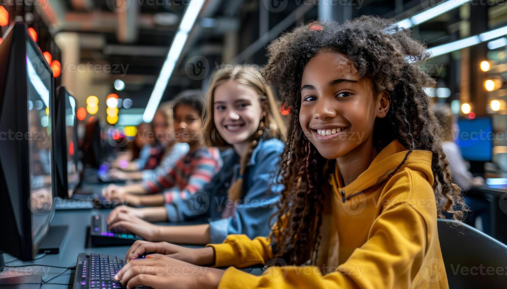 AI generated Diverse group of children engaged in computer learning ...