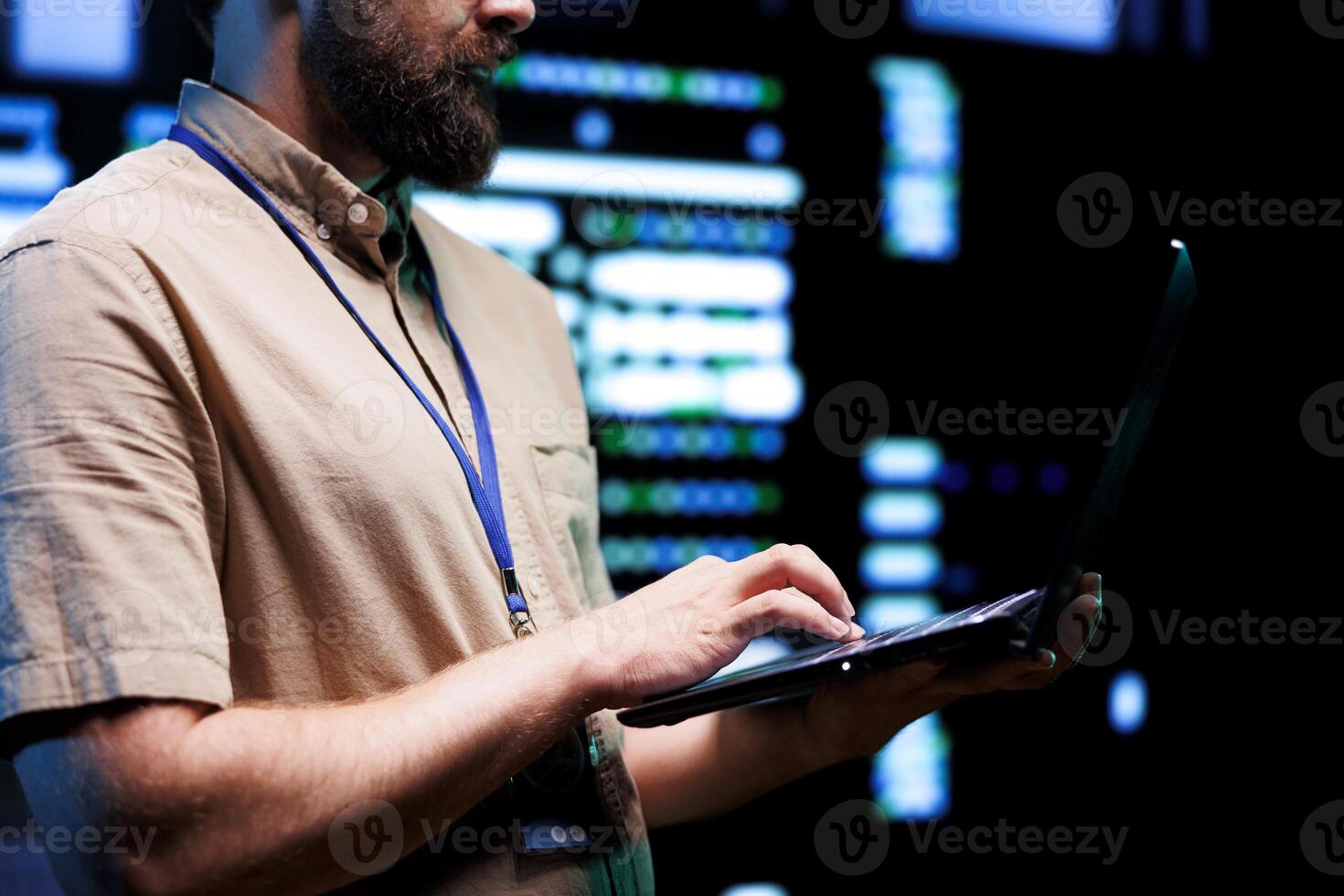 Precise Technician Doing Checkup On Interlinked Computers Creating Server Network High Tech