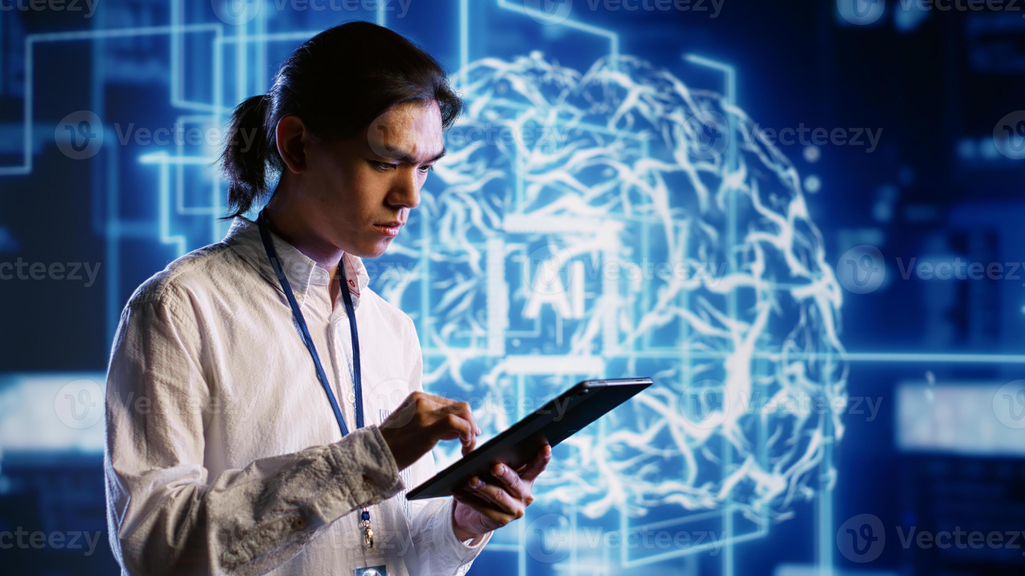 System Administrator Works With Artificial Intelligence Computerized Model Simulating Human