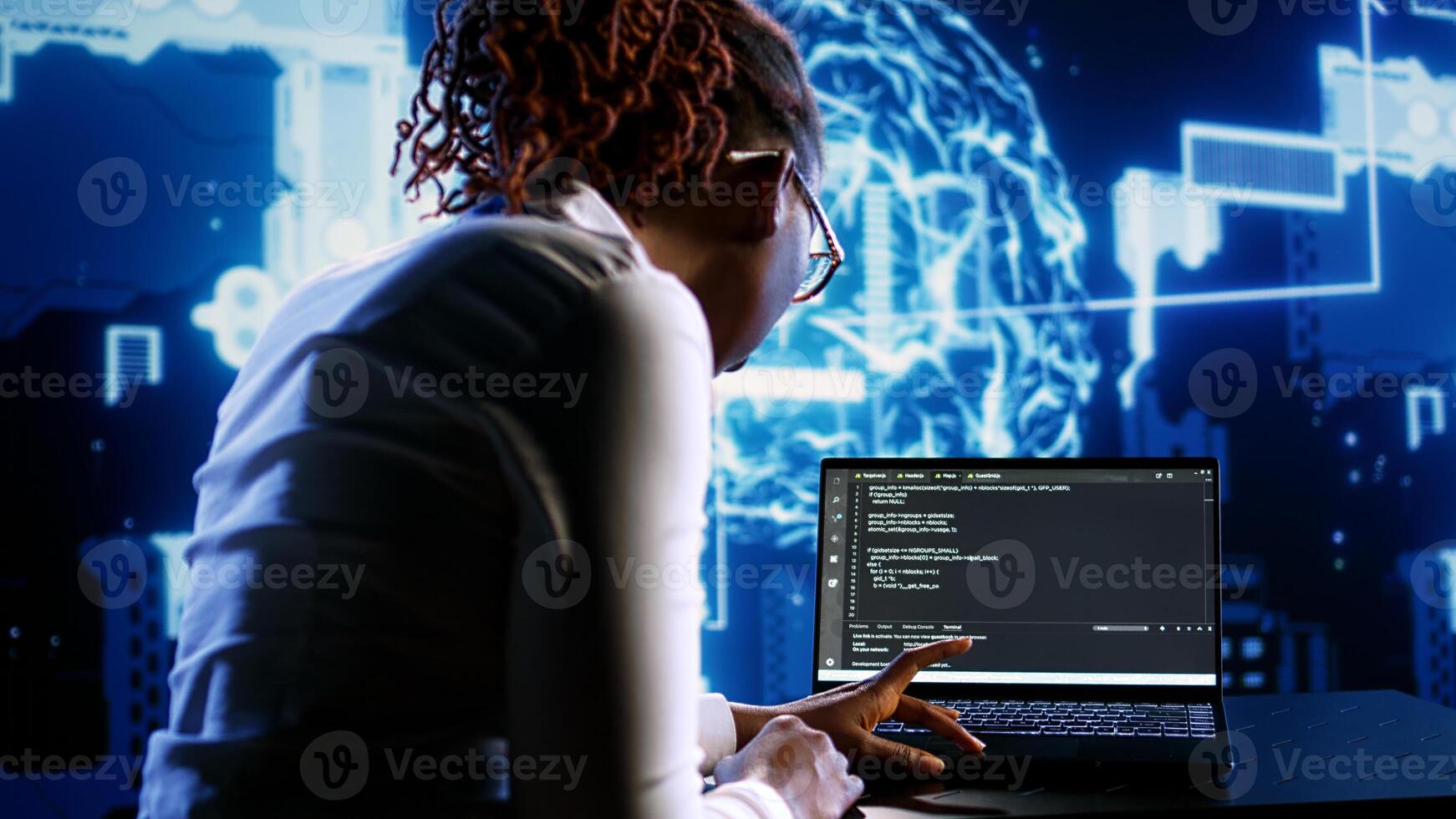 AI cloud computing business executive programming scripts for AI machine learning. Hardworking ...