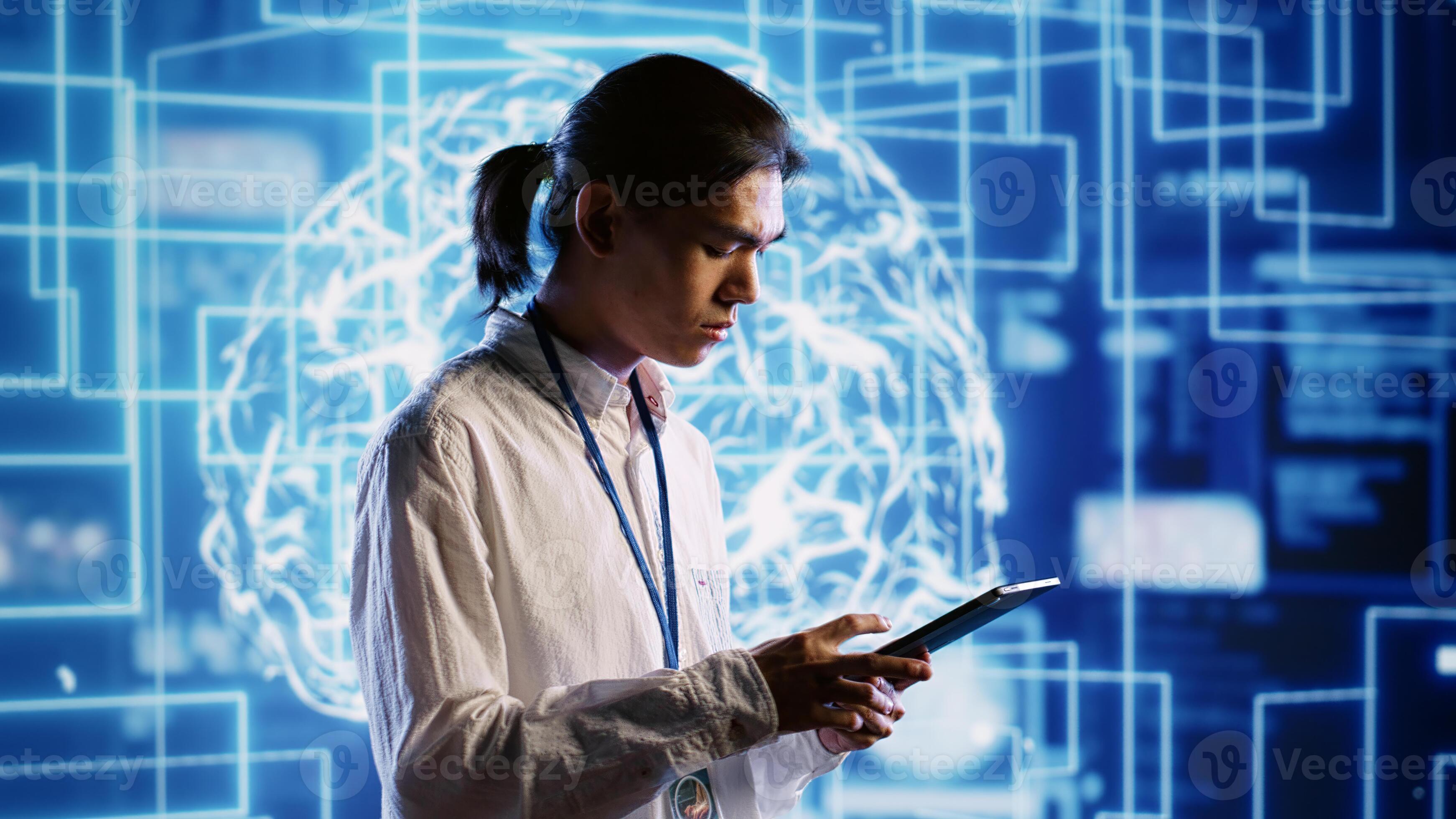 Asian programmer works with artificial intelligence computerized model ... Asian programmer works with artificial intelligence computerized model ...