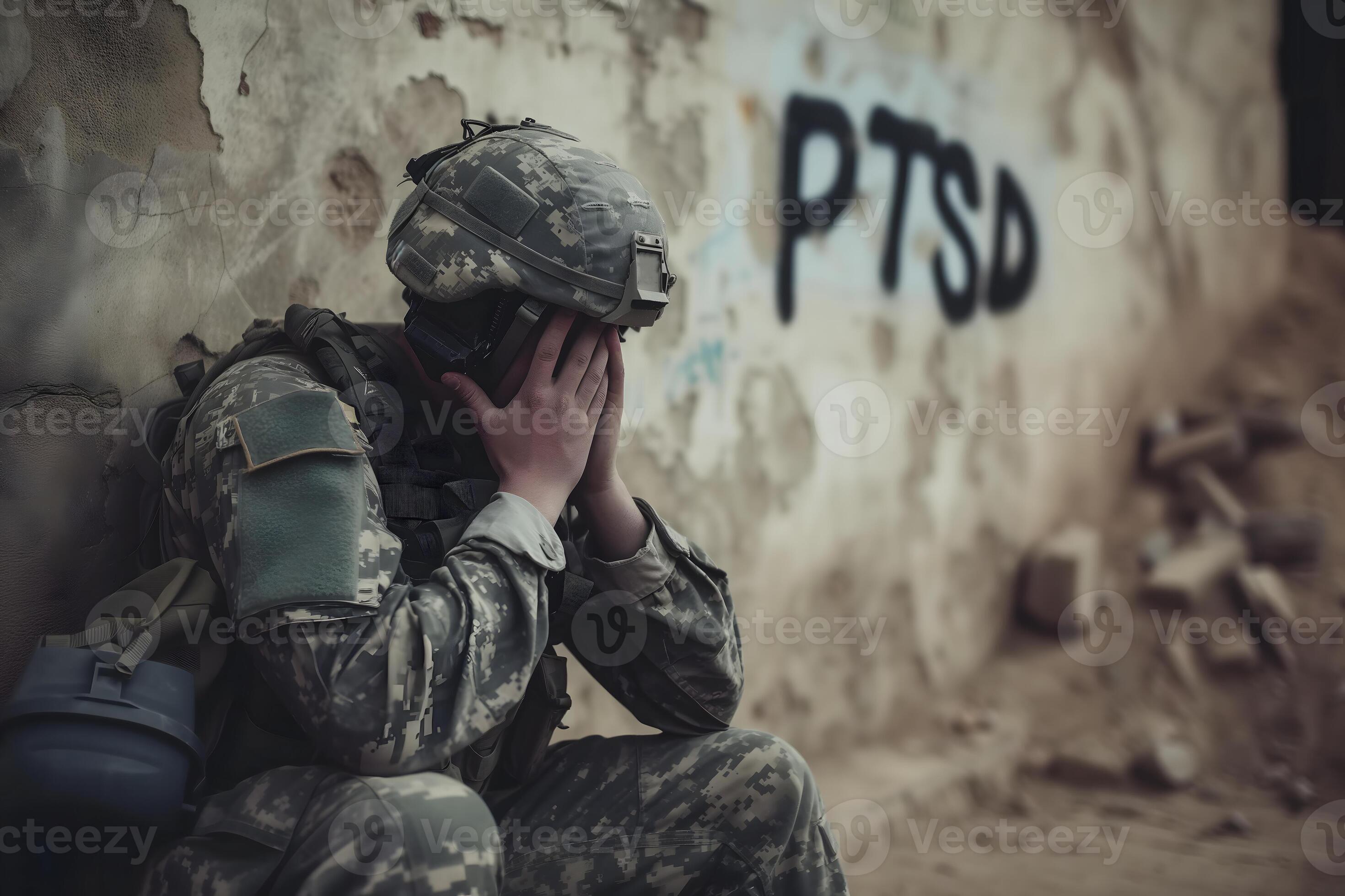 AI Generated sad soldier and inscription PTSD on the wall, PTSD for post-traumatic stress ...