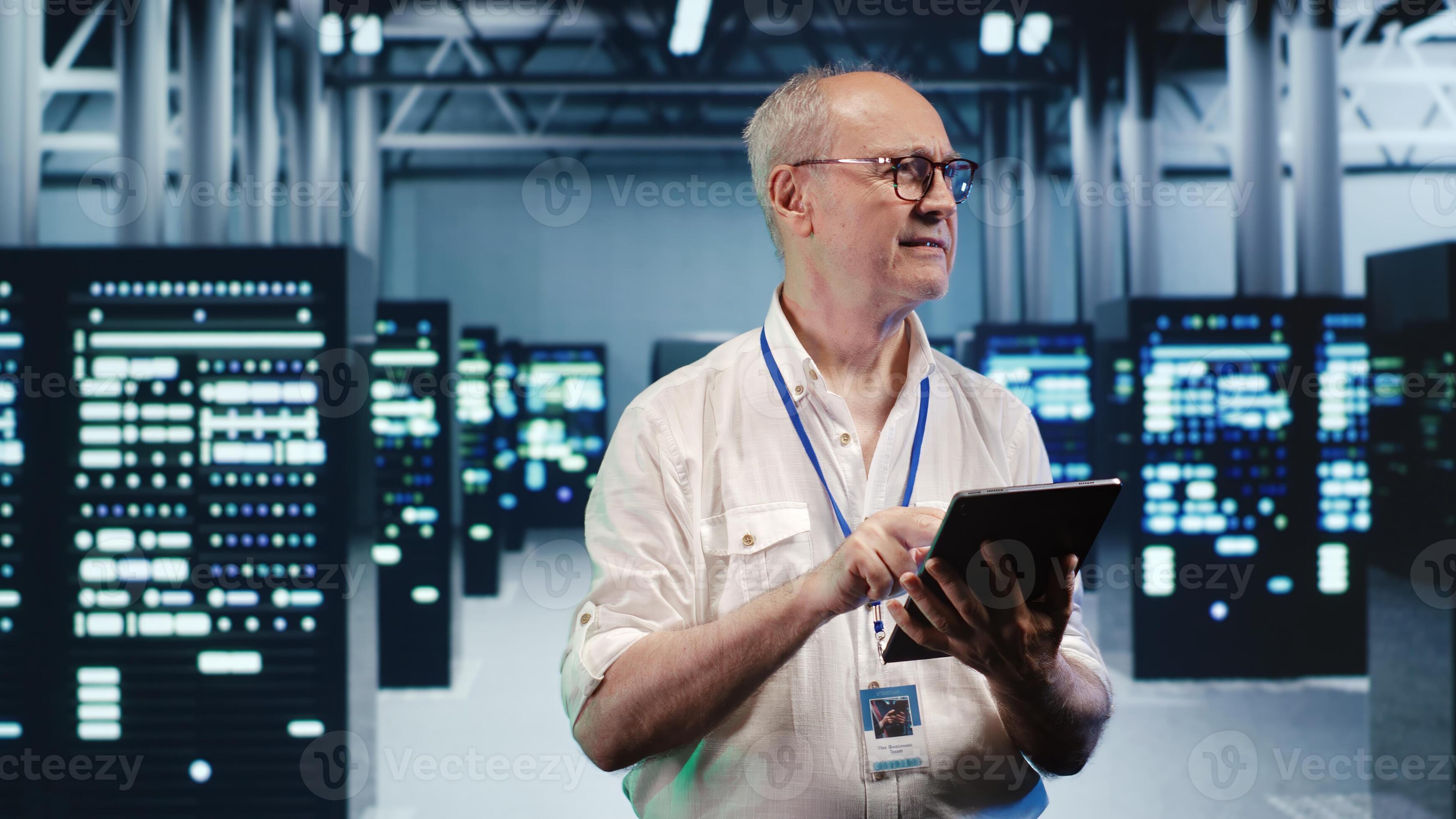 Happy computer scientist expertly managing data while navigating through industrial blade ...