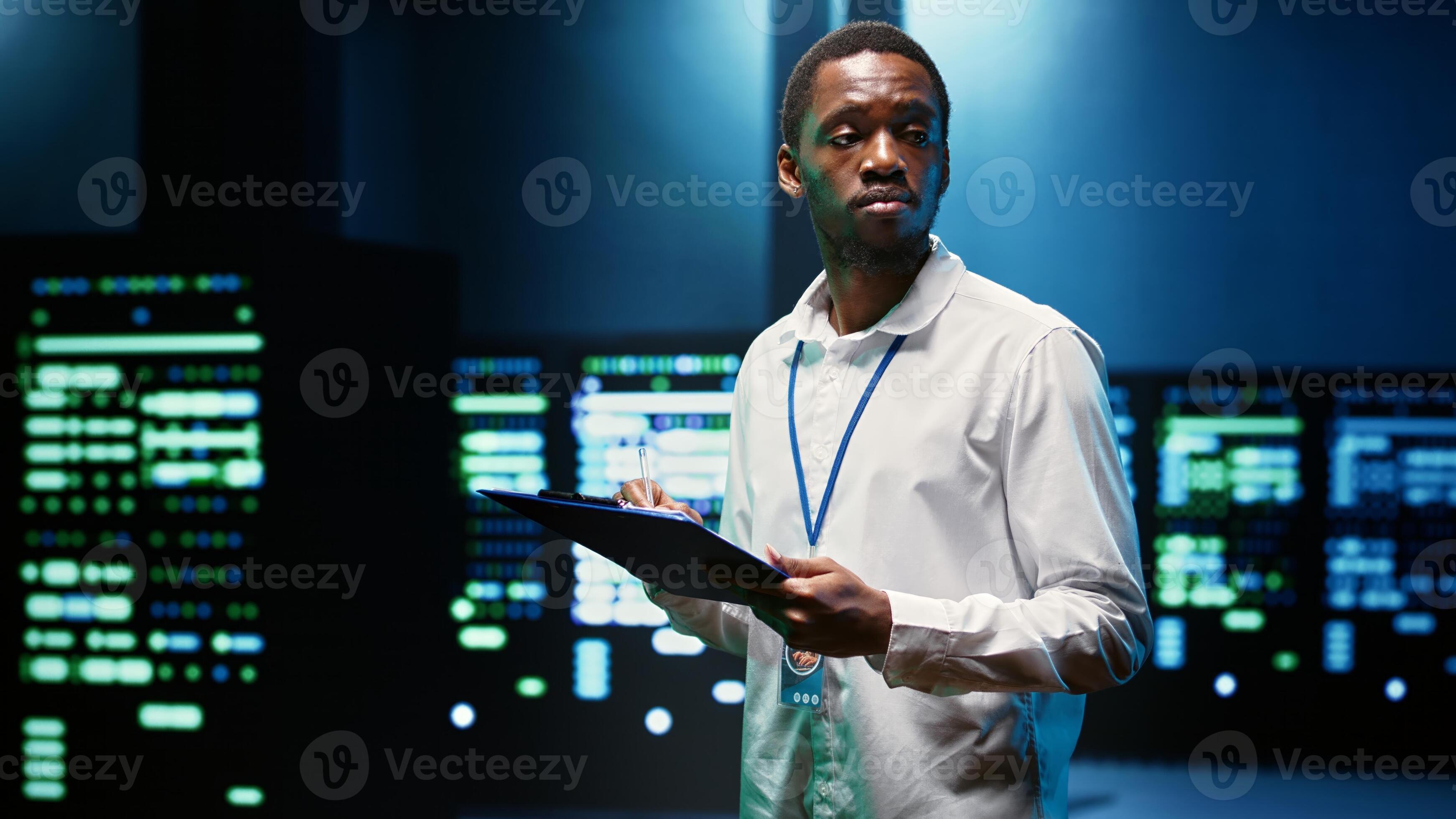 Computer Scientist Checking Server Racks Performing Data Backups And Providing Centralized