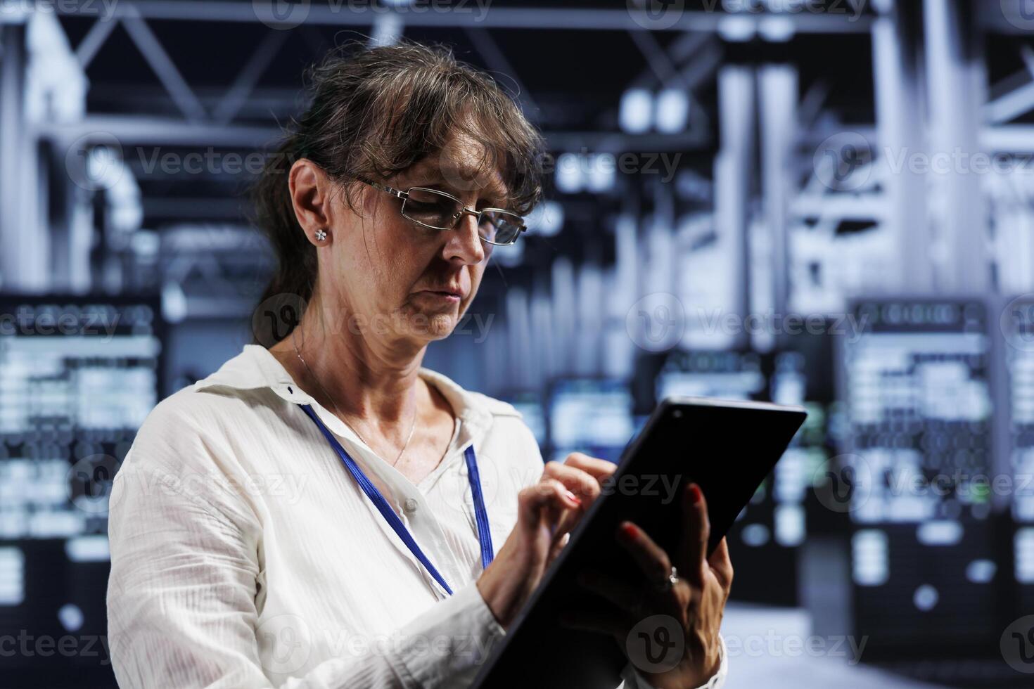 Elderly skilled expert inside high tech location providing computing resources needed for AI to ...