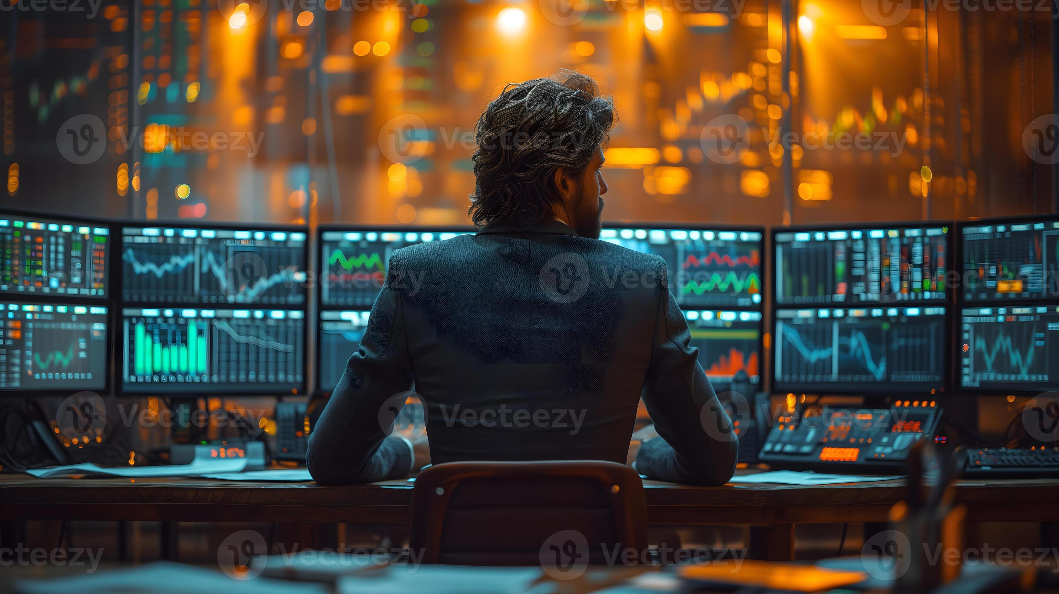 Ai Generated Back View Of A Financial Analyst Day Trader Working On