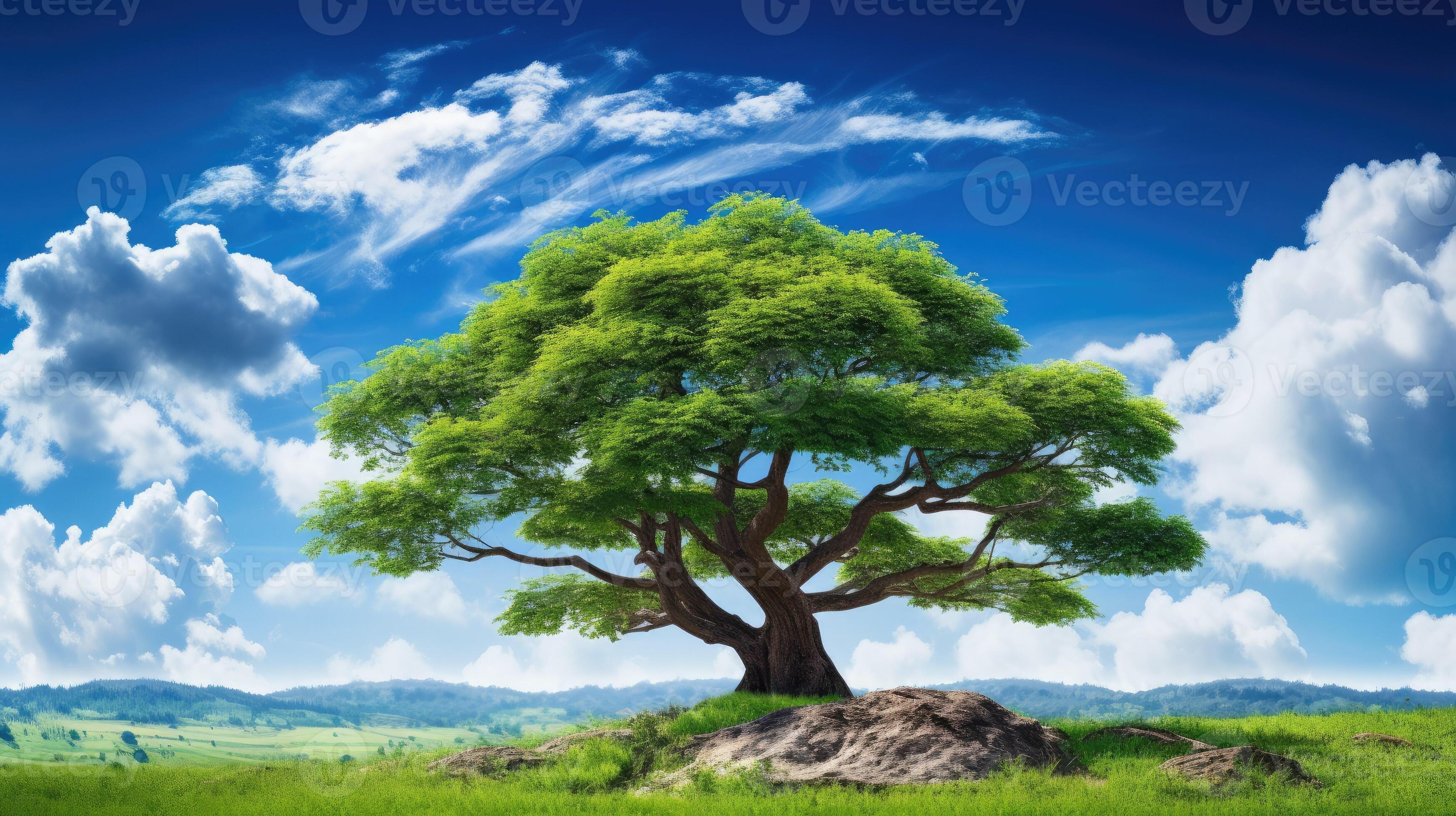 AI generated Big tree with blue sky background. Nature and landscape ...