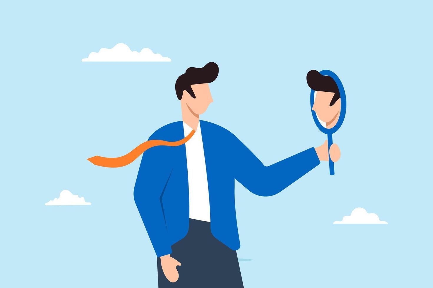 Businessman holding up mirror to develop self awareness. Concept of being aware of different ...