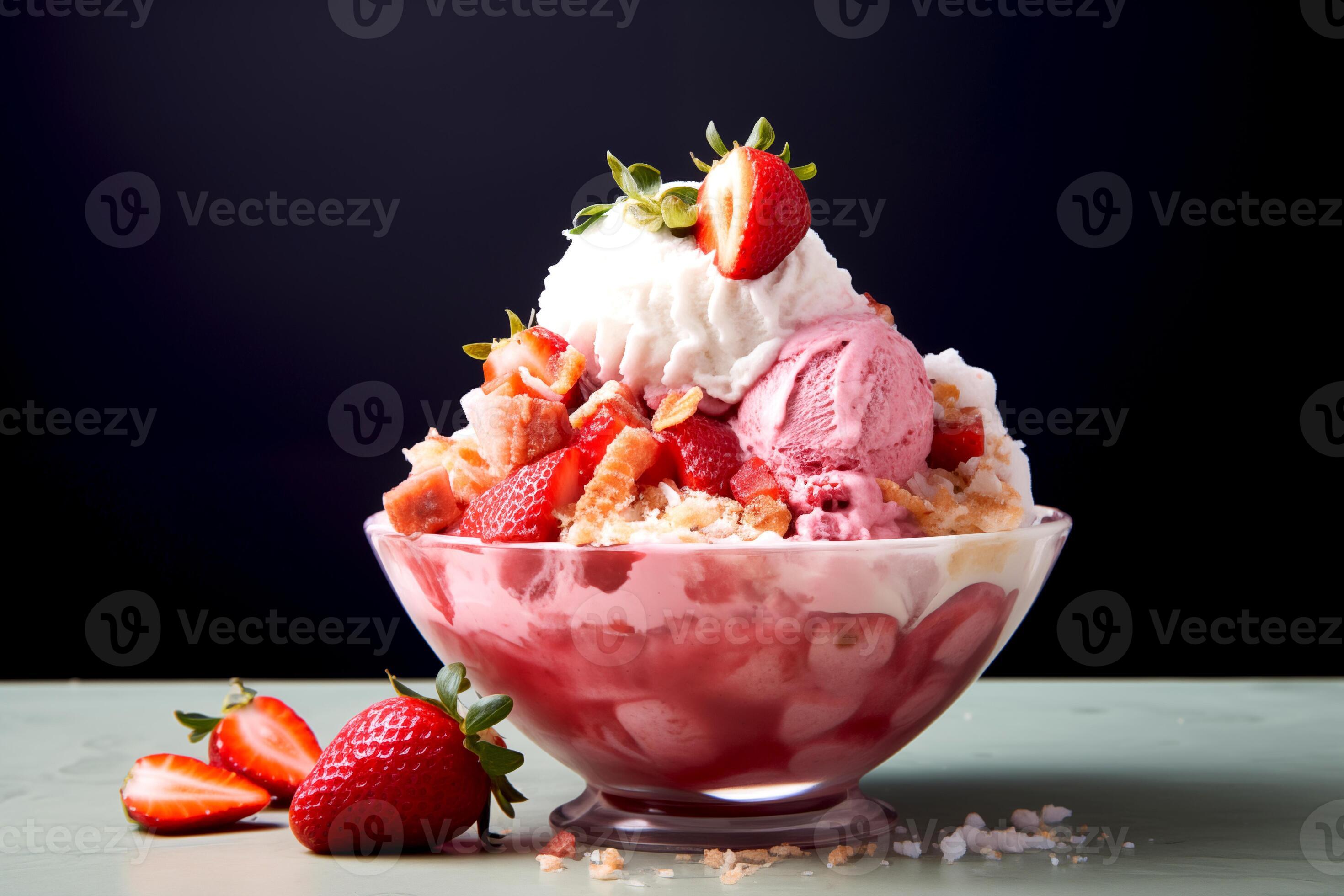 AI generated Fresh strawberry Bingsu ice cream with sweet toppings korean shaved ice dessert ...
