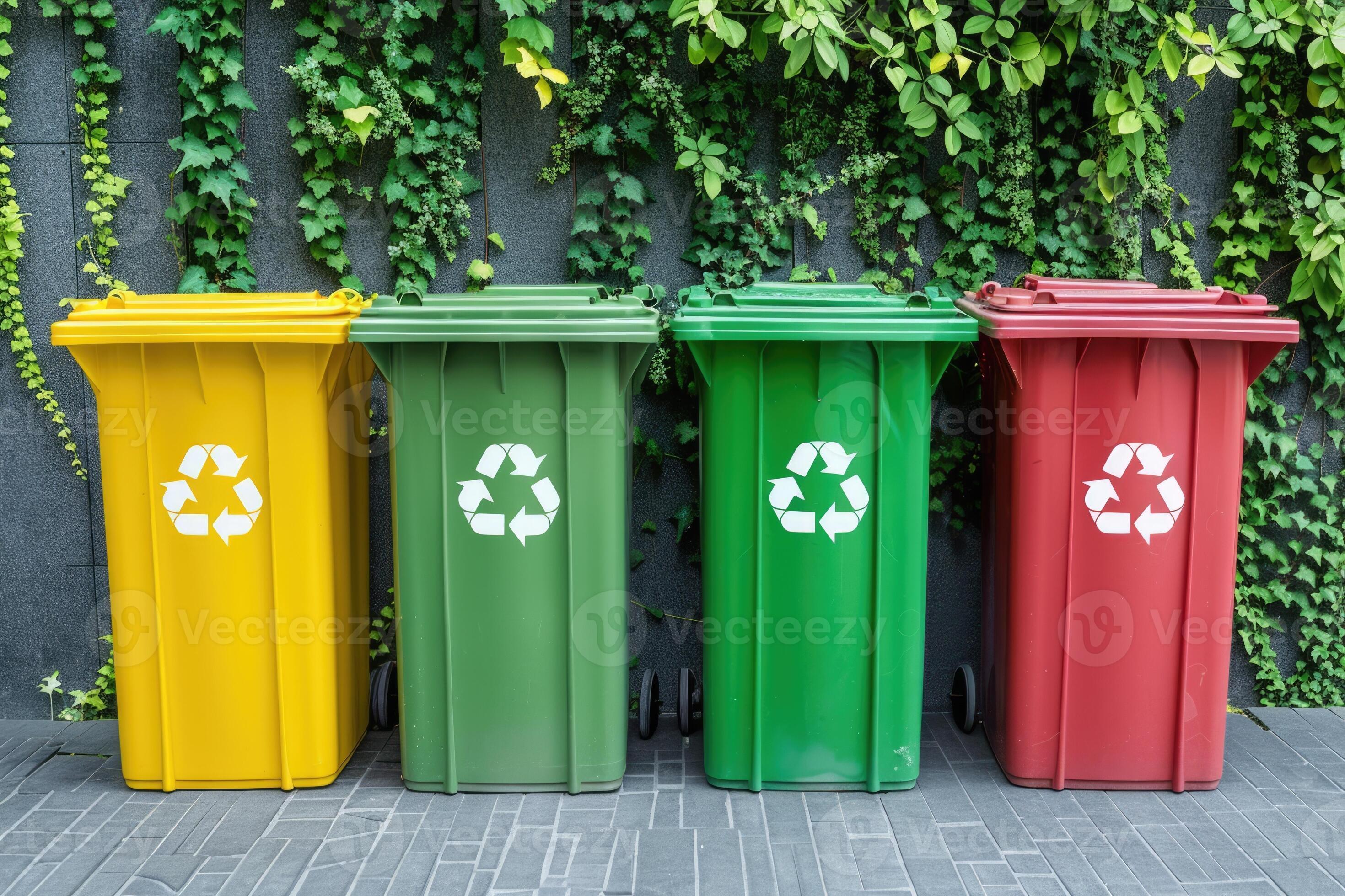 AI generated Waste sorting garbage bins, trash cans. Sorting garbage. ecology rubbish recycling ...