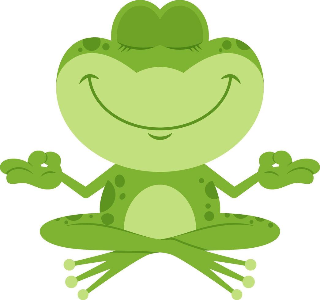 Cute Green Frog Cartoon Character Meditates Vector Flat Design Illustration Isolated On
