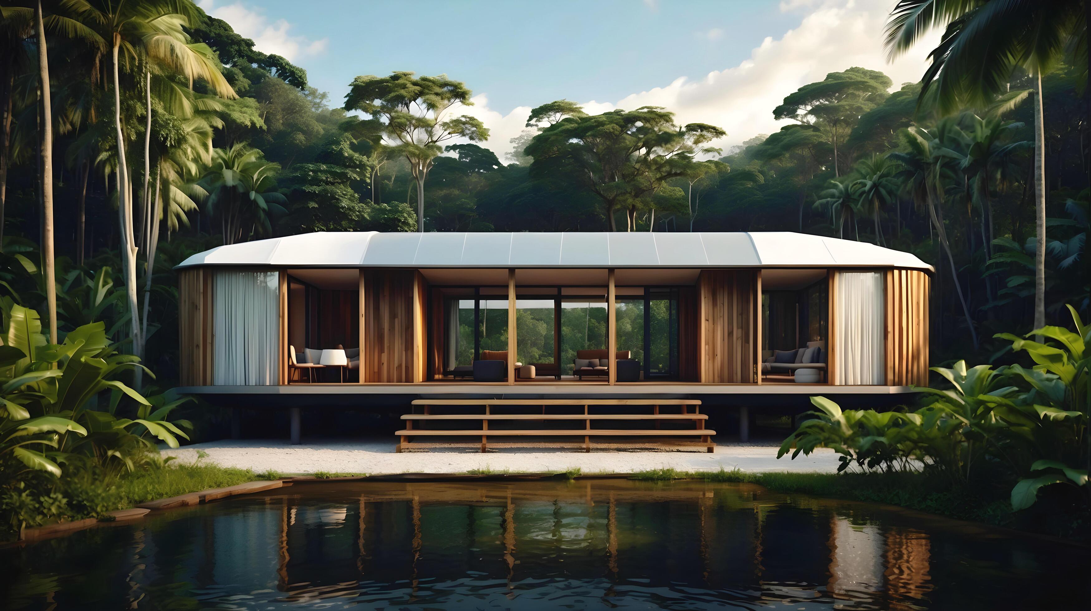 ai generado moderno cápsula estilo concepto casa integrado en selva y naturaleza, arquitectura ...