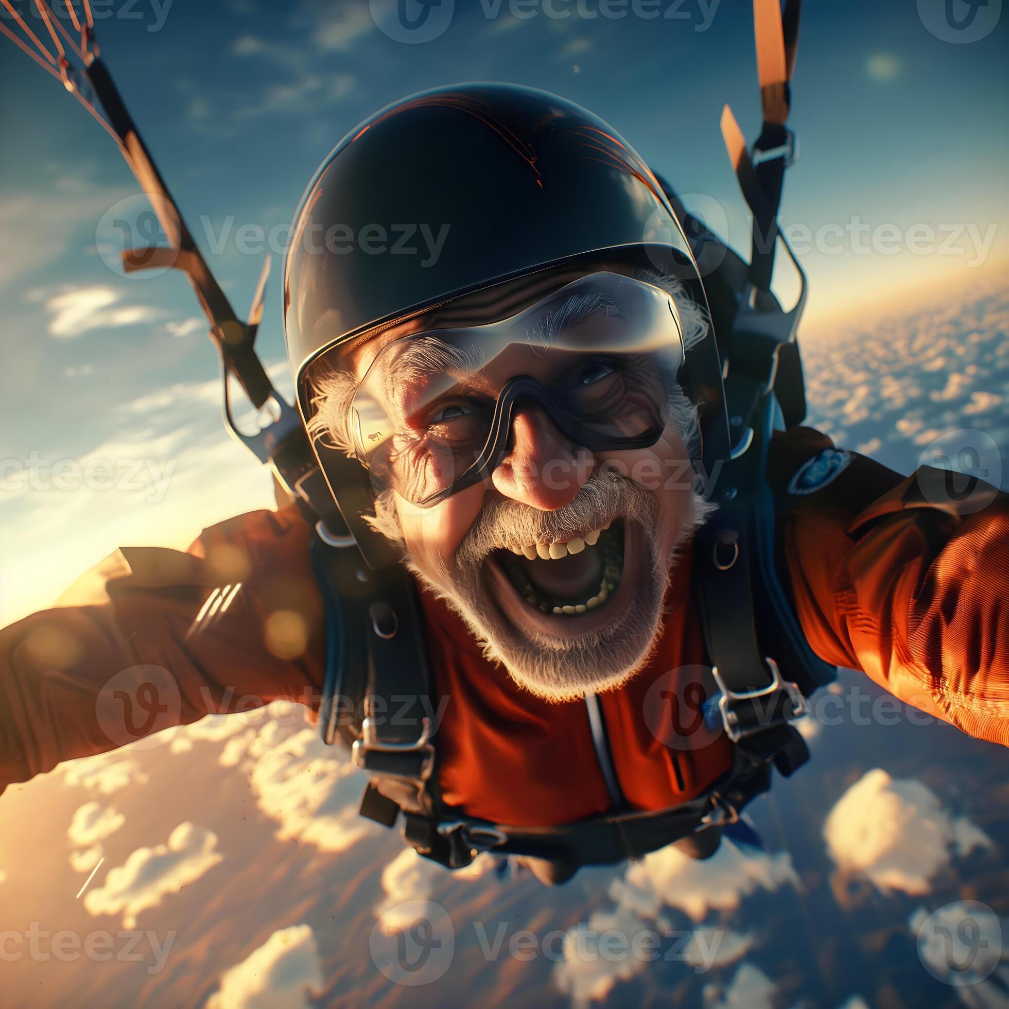 AI generated Portrait of funny elderly man skydiving, jumping out of plane, adventure adrenaline ...