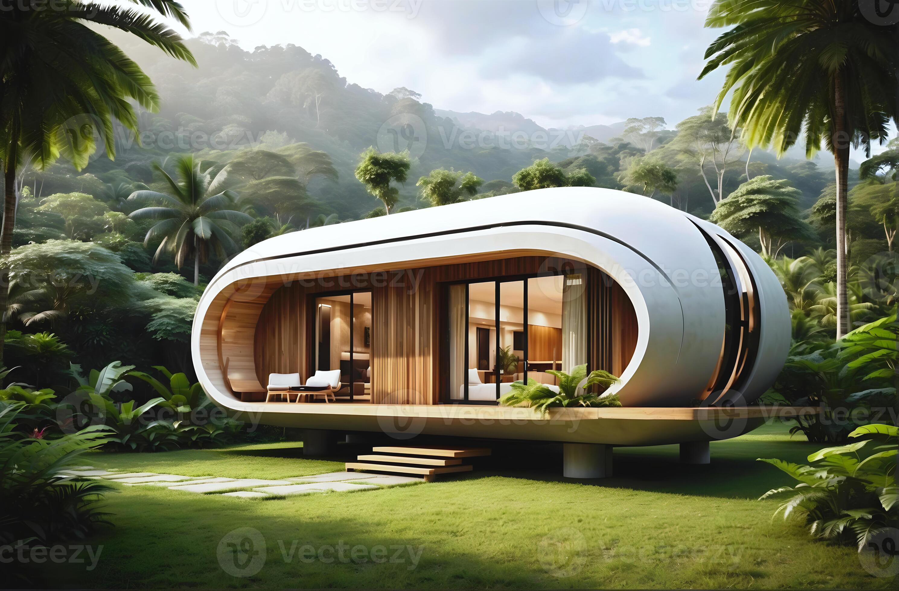 ai generado moderno cápsula estilo concepto casa integrado en selva y naturaleza, arquitectura ...