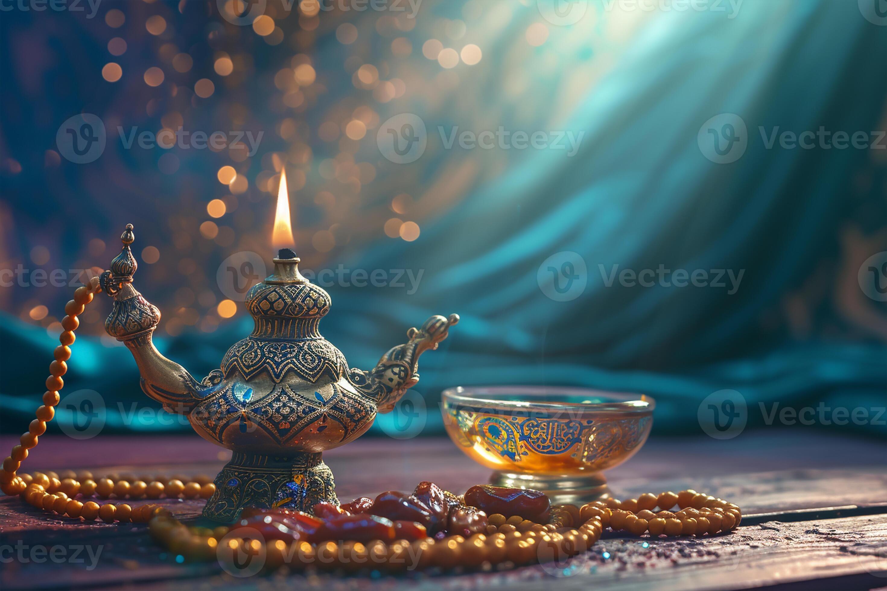 Ai Generated Aladdin Lamp Of Wishes Prayer Beads Glass And Dates
