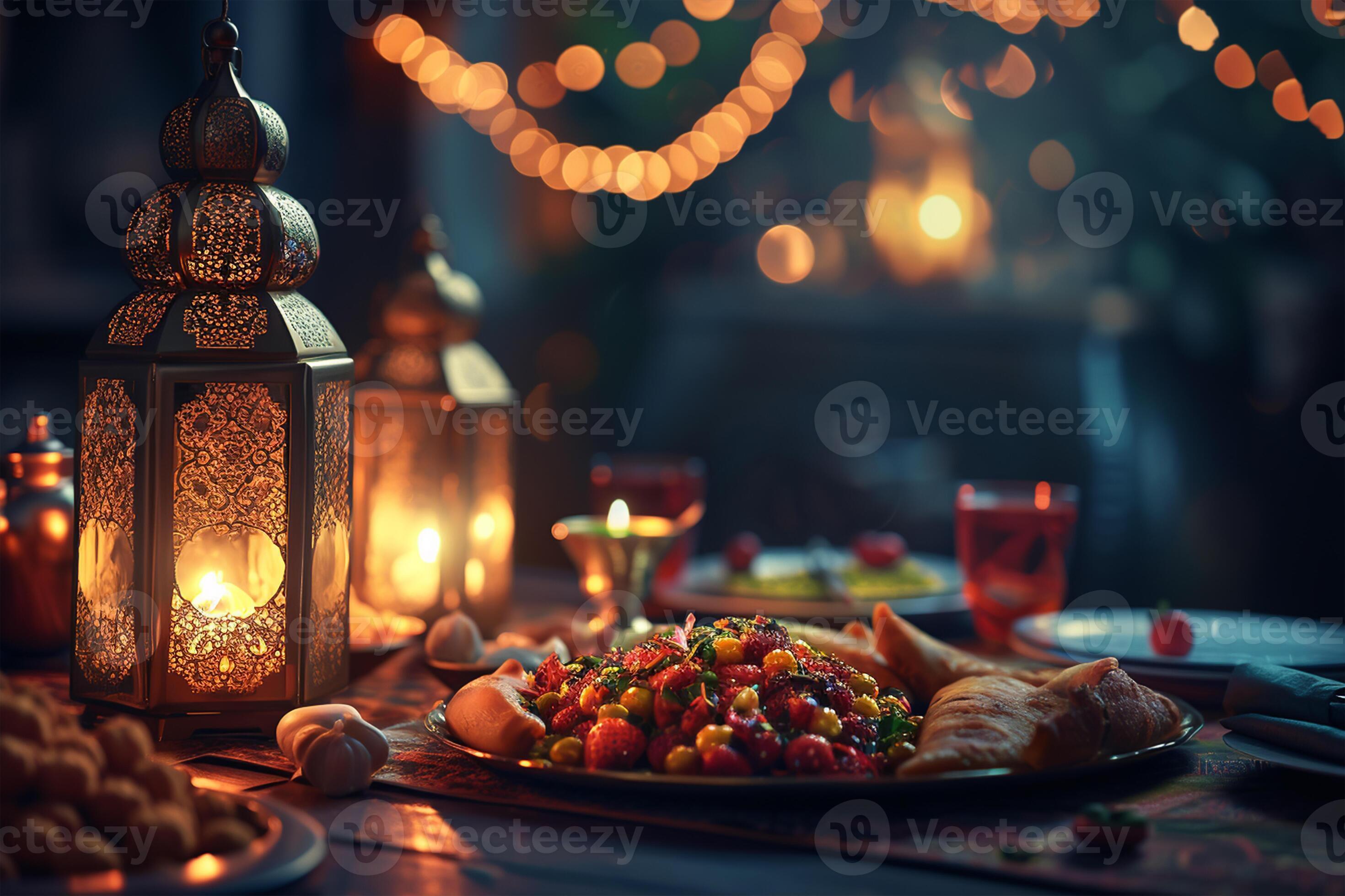 AI generated Muslim Ramadan Mubarak iftar table shows Ramadan foods and ...