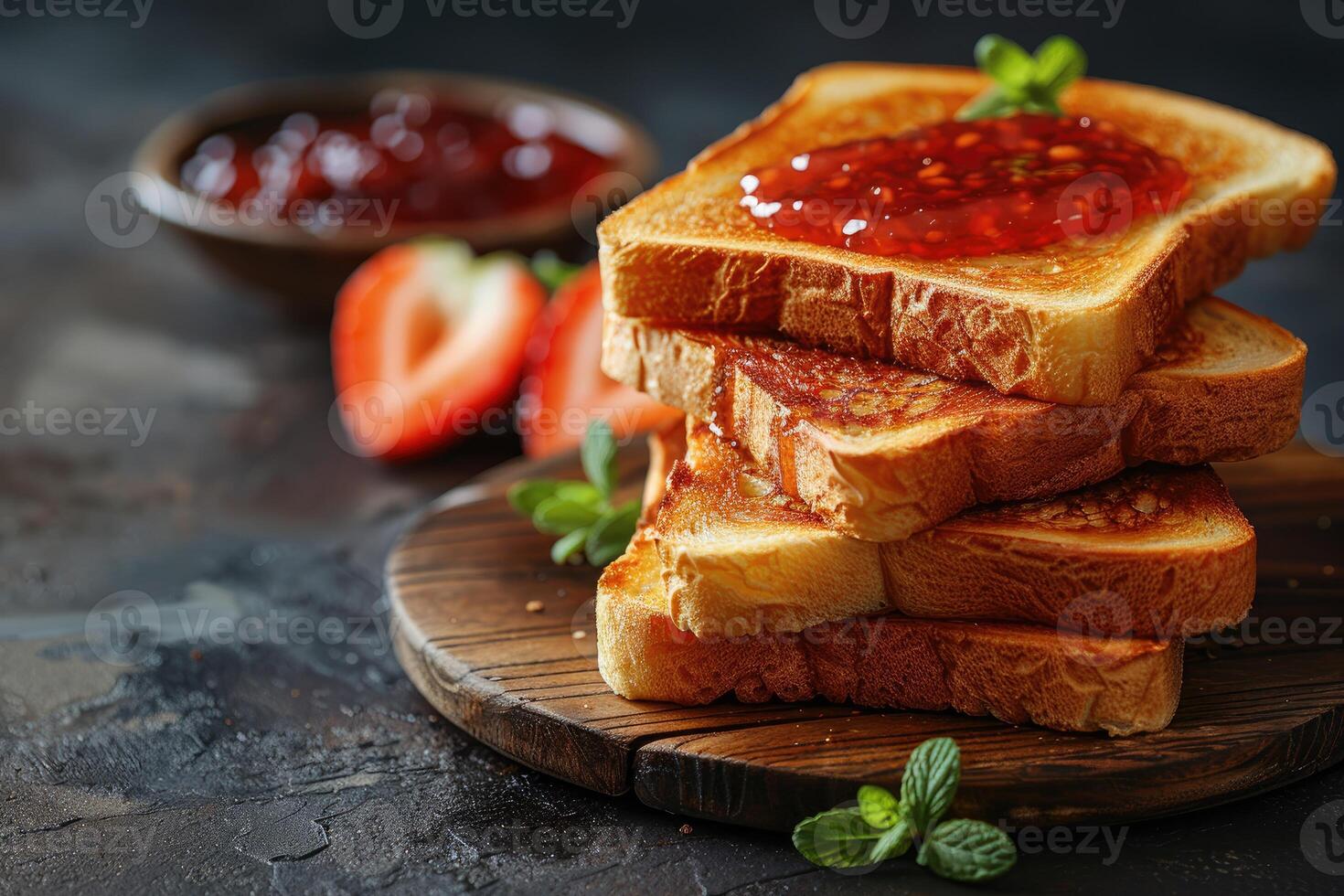 AI generated toasts with fruits jam on kitchen table professional advertising food photography ...