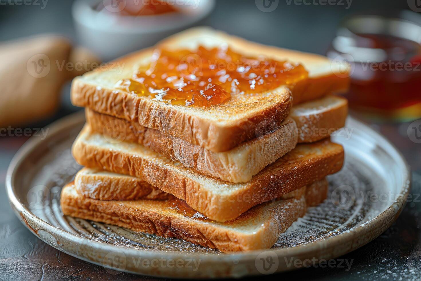 AI generated toasts with fruits jam on kitchen table professional advertising food photography ...