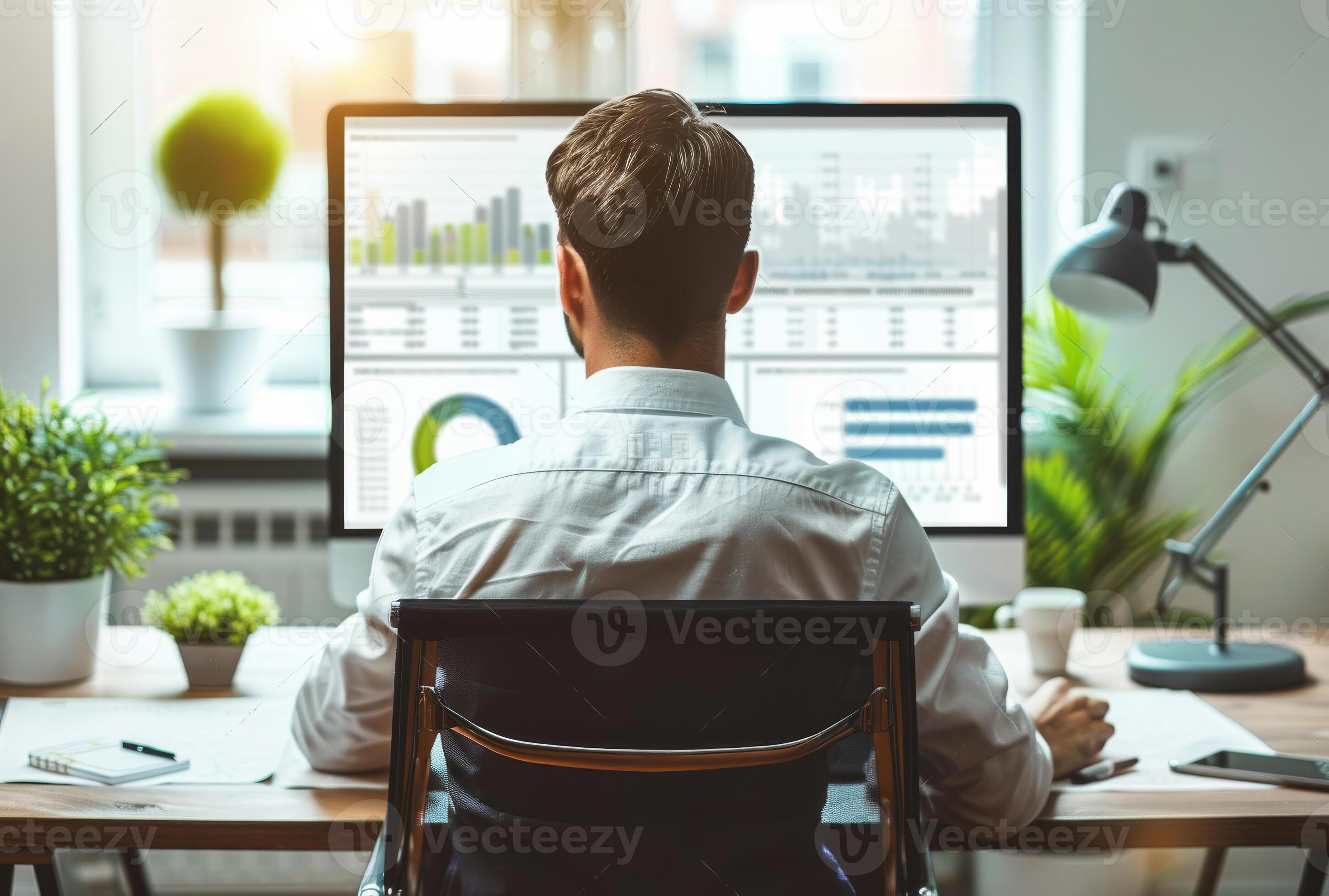 AI generated Businessman working at office desk and analyzing financial ...