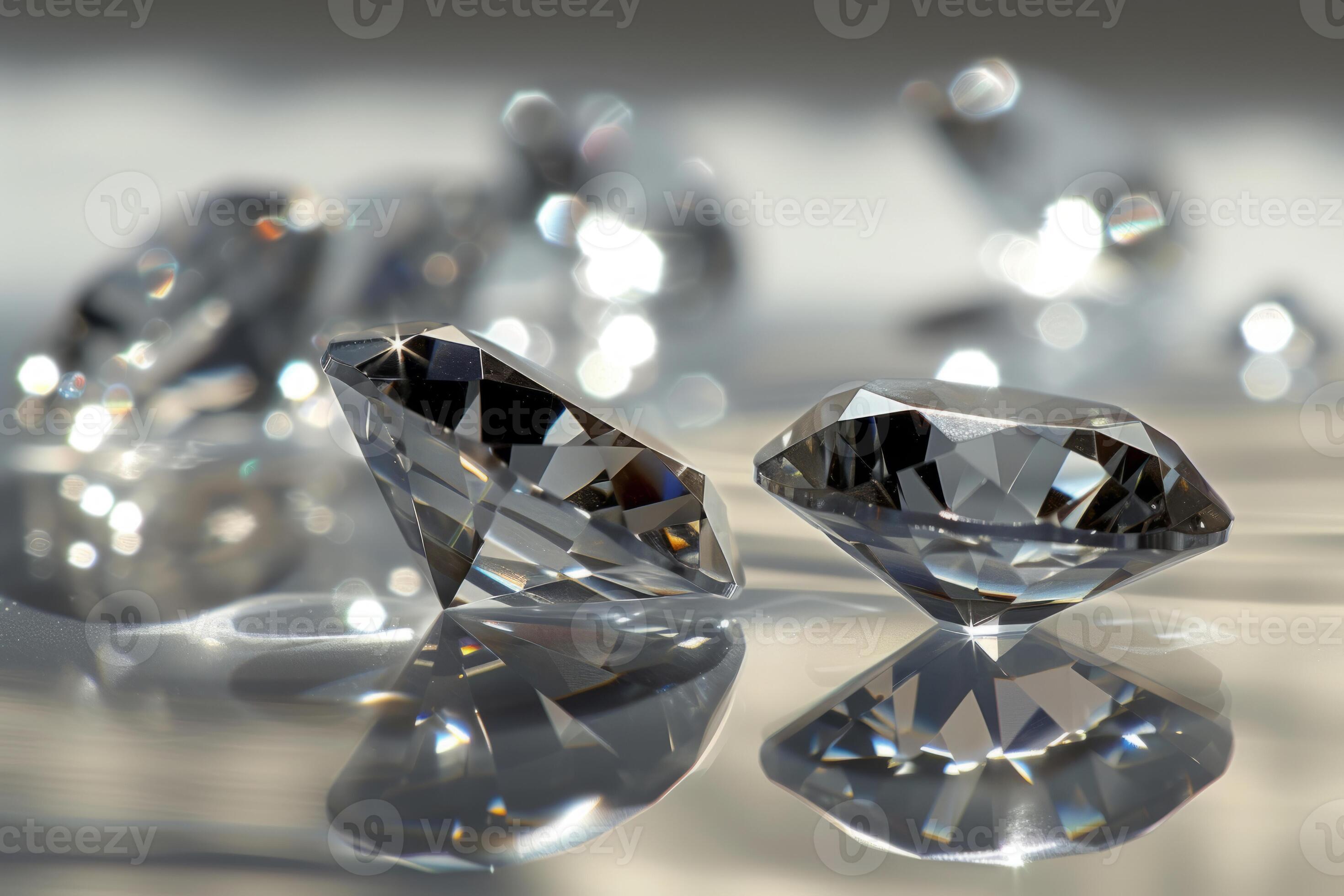 AI generated Polished sparkling diamonds scattered on a reflective surface. Precious diamonds ...