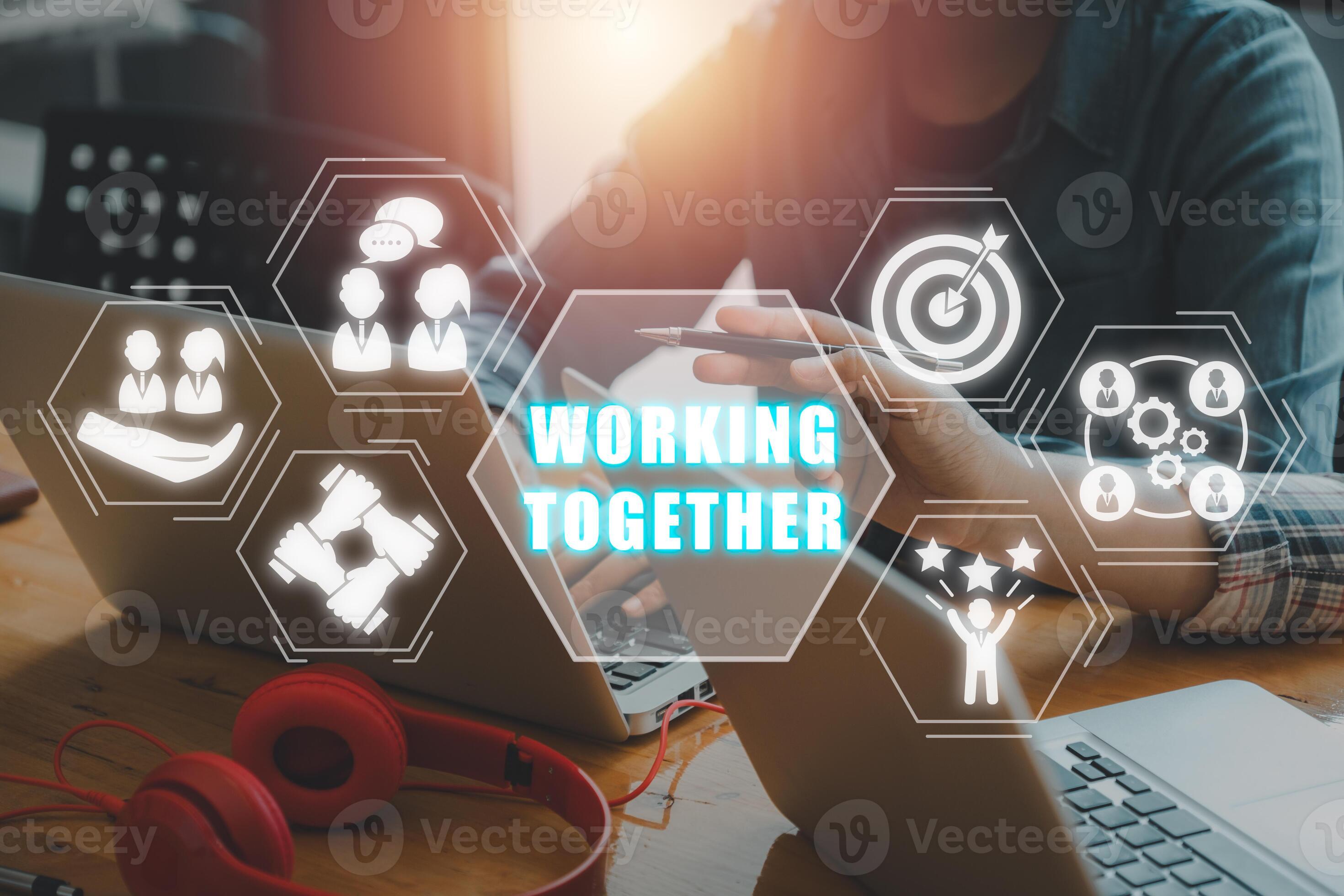 Working together concept, Business team using laptop computer on desk ...