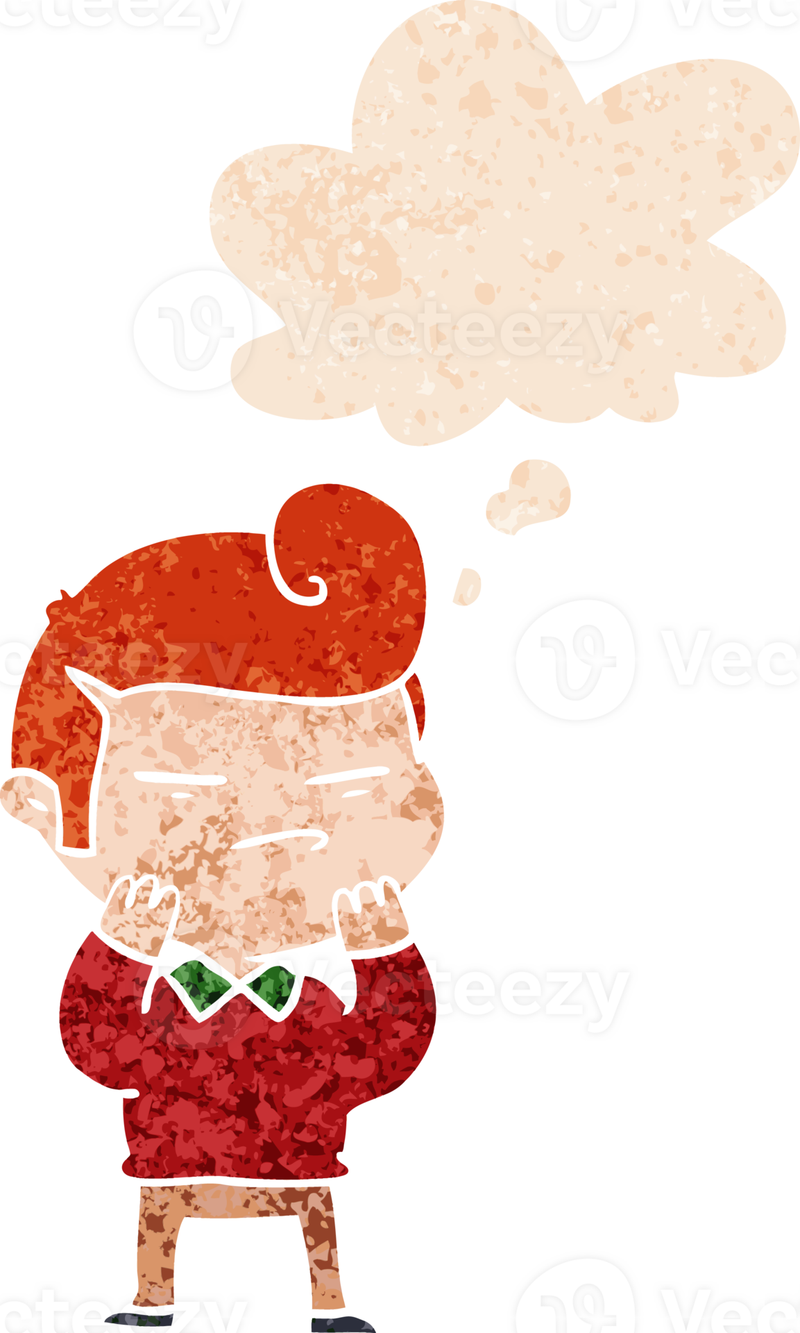 cartoon cool guy with fashion hair cut with thought bubble in grunge distressed retro textured ...